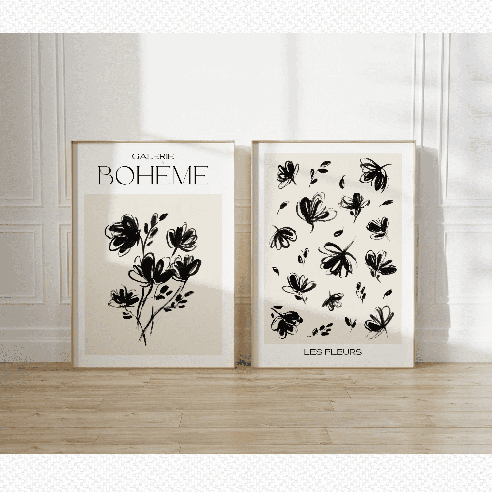 Black Neutral Floral French Botanical Bouquet Boho Poster Prints ...