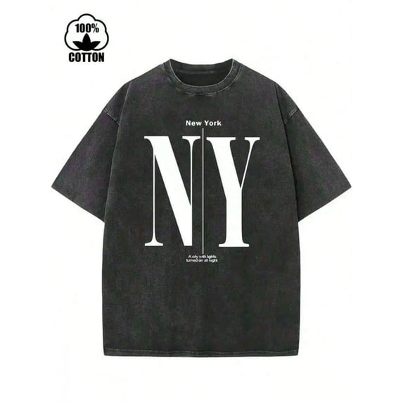 Black New York Printed T-Shirt, 100% Cotton, Washed Retro Style ...