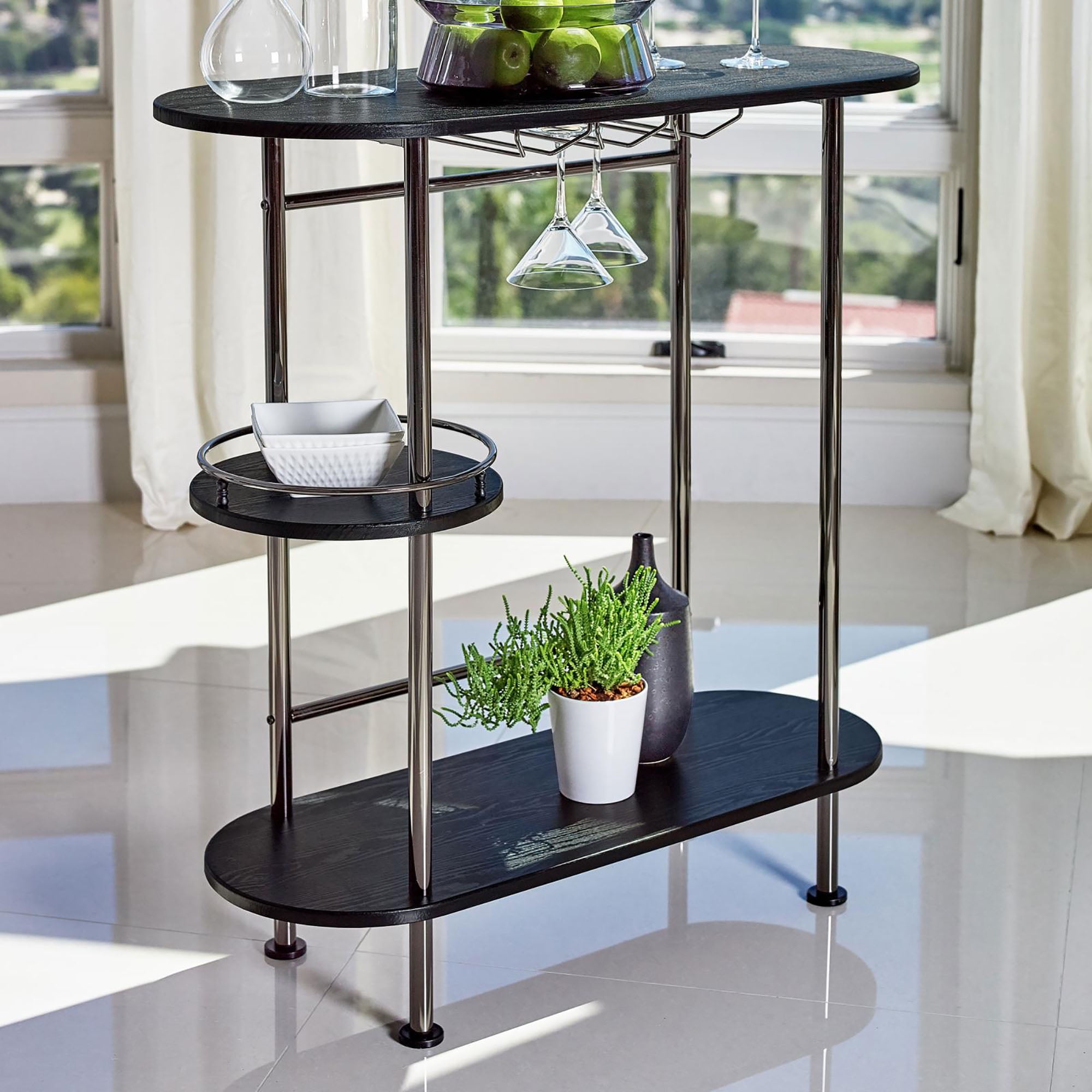 Black Nickel Bar Unit with Stemware Rack & Oak Shelves - Modern Bar for ...