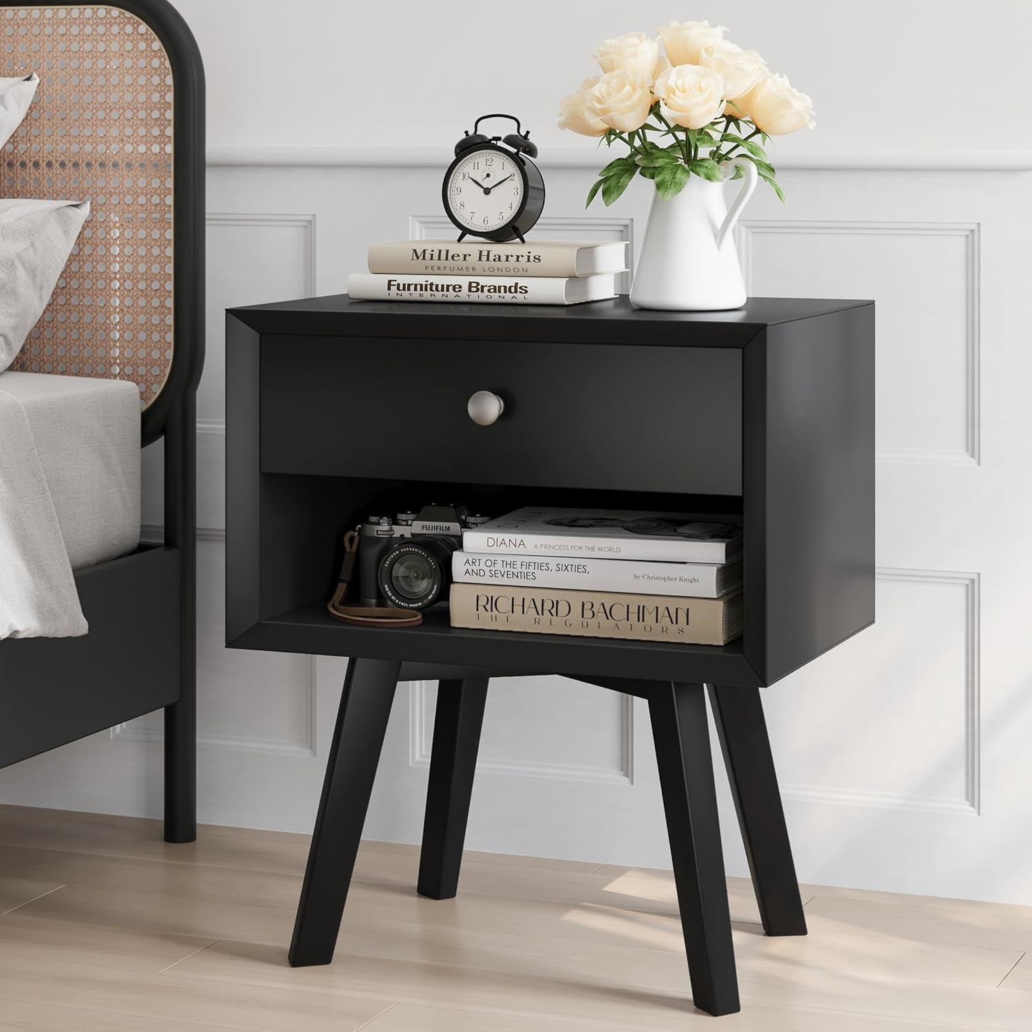 Black Night Stand with 1 Drawer, 23.6" Tall Wooden Side Table with ...