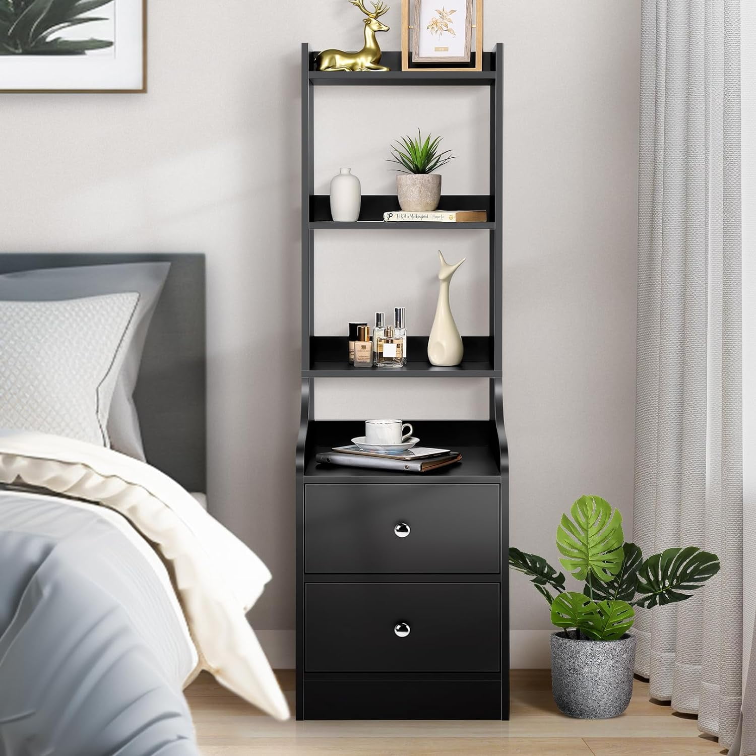 Black Night Stand, 55“ Modern Nightstand Bedside Table with 4-Tier Open ...