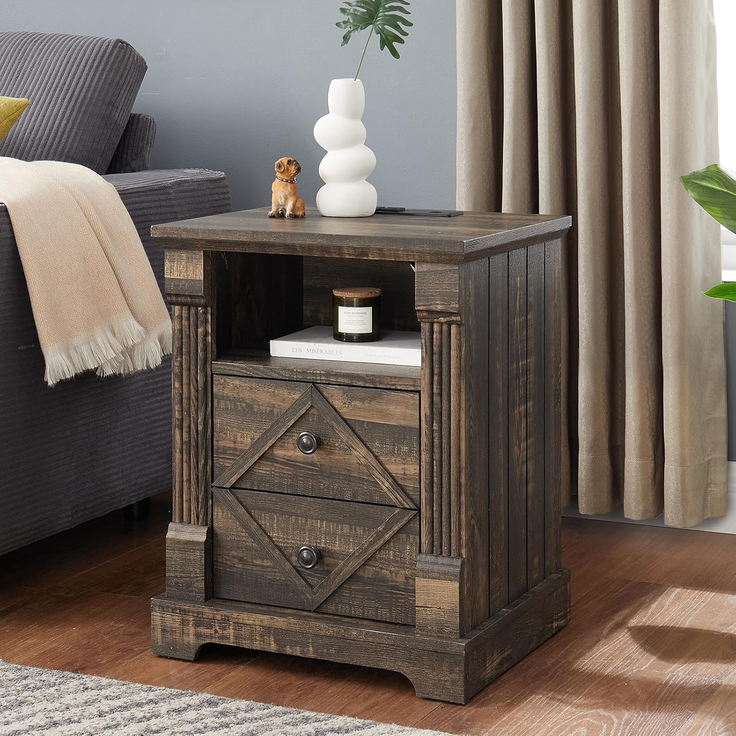 Black Night Stand with Charging Station, Roman Column, 18" End Table ...