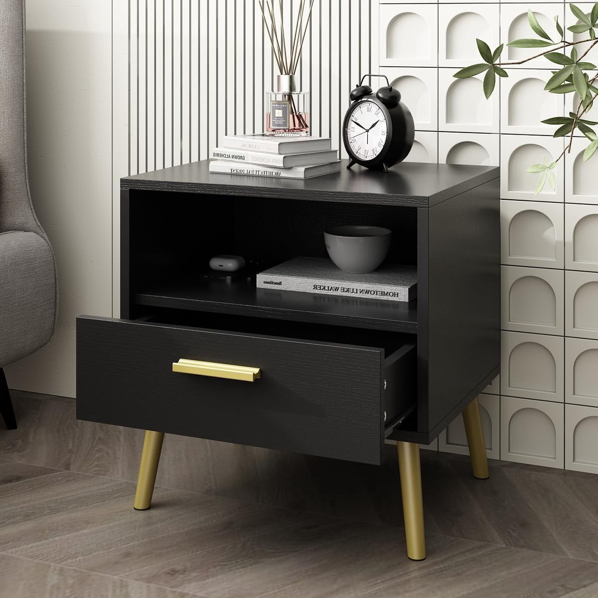 Black Night Stand with Drawer, Nightstand with Drawers and Open-Shelf ...
