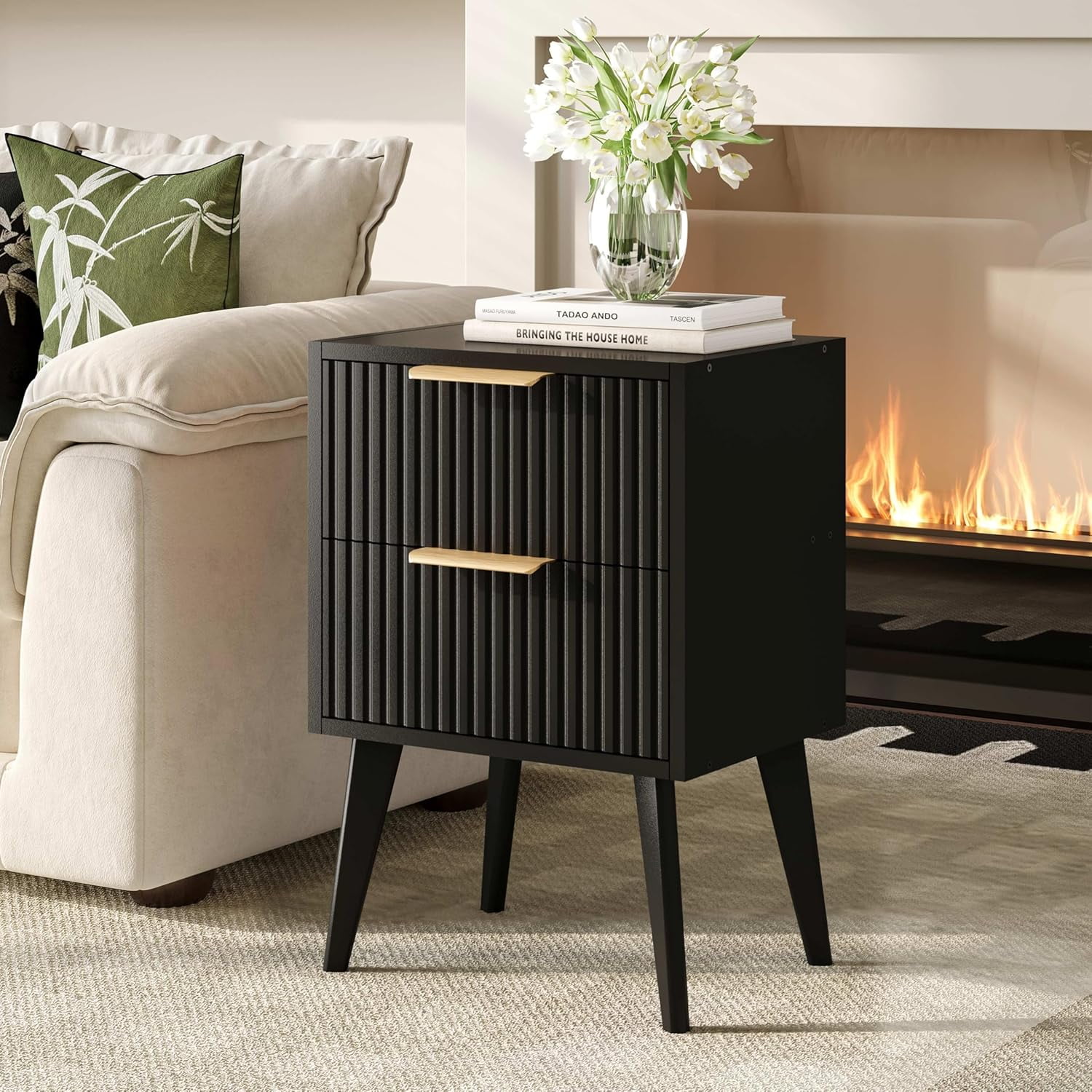 Black Night Stand,Modern Bedside Table,Small Nightstand with 2 Drawers ...