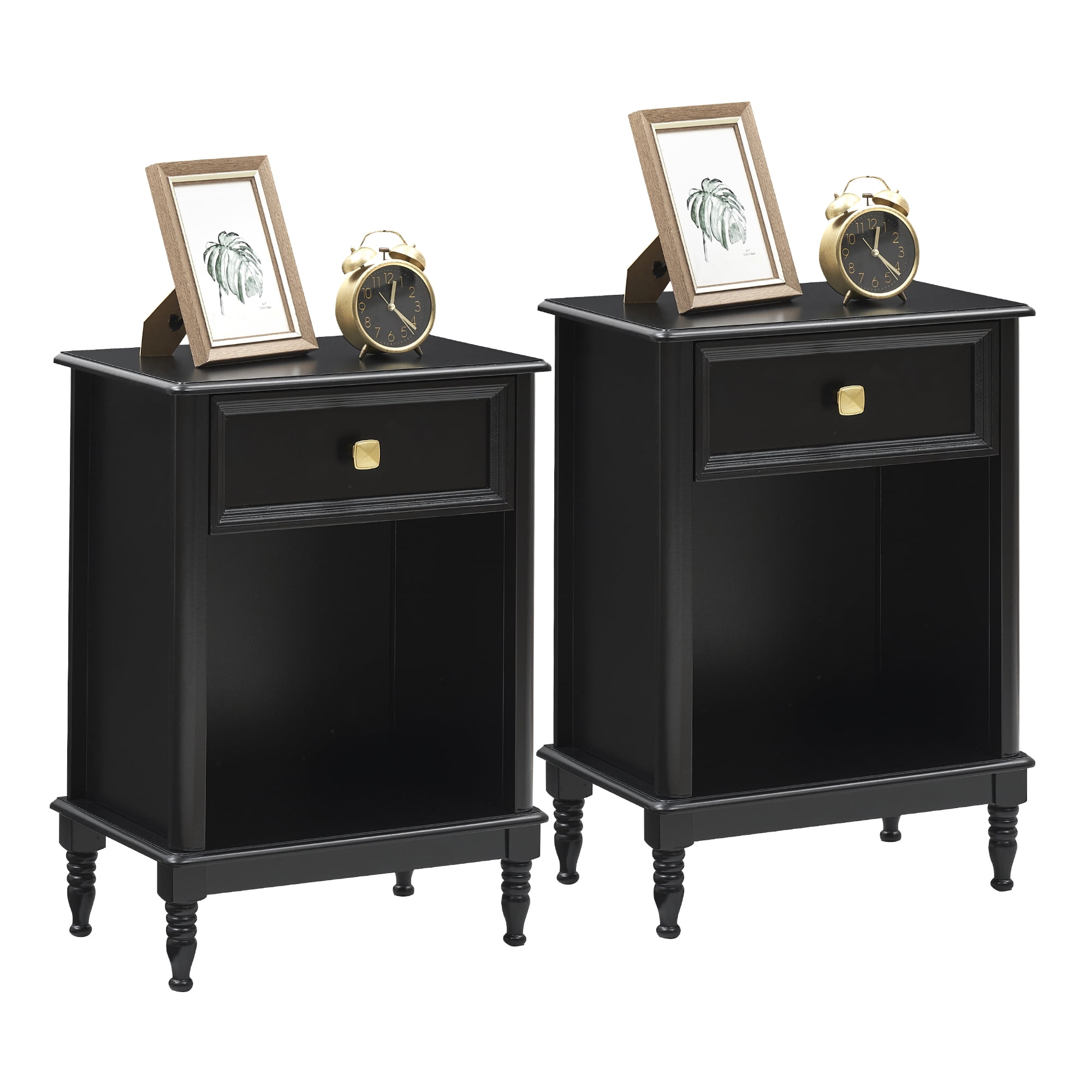 Black Night Stand Set 2, Bedside Table End Table with Drawer and ...
