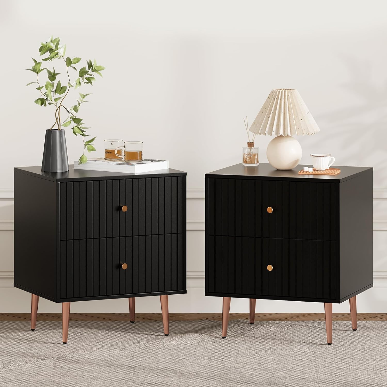 Black Night Stand Set 2,Modern Bedside Table with 2 Drawers Storage ...