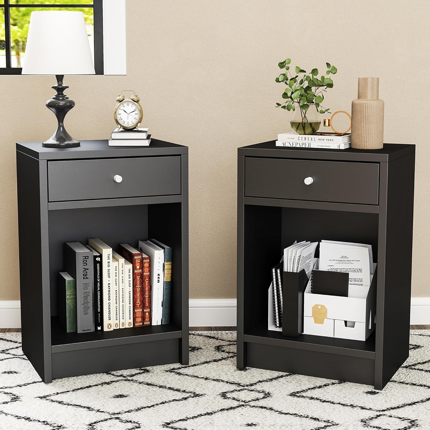 Black Night Stand Set of 2, Modern End Tables with Open Storage and ...