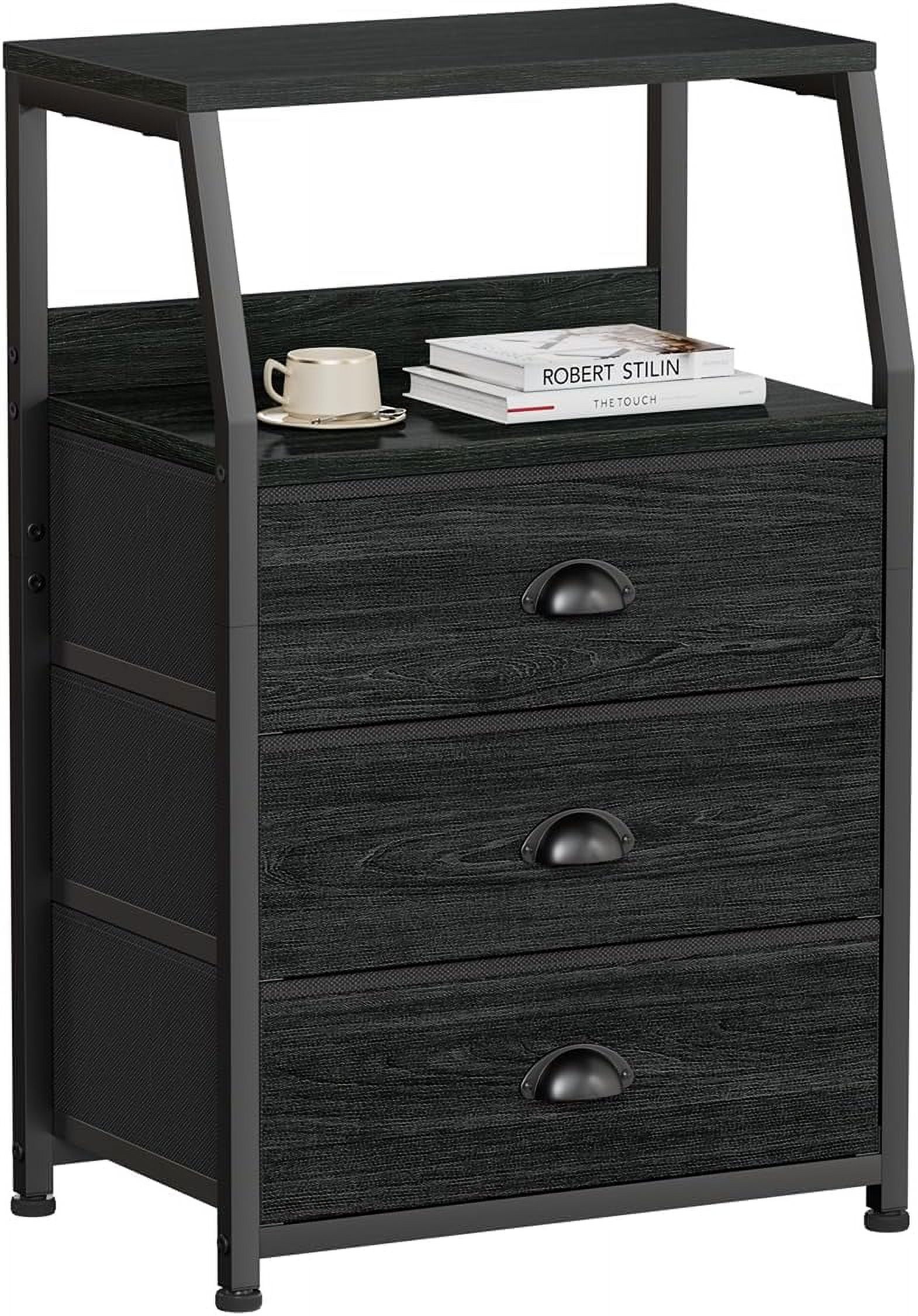 Black Night Stand, Small Dresser for Bedroom, Nightstand with 3 Fabric ...