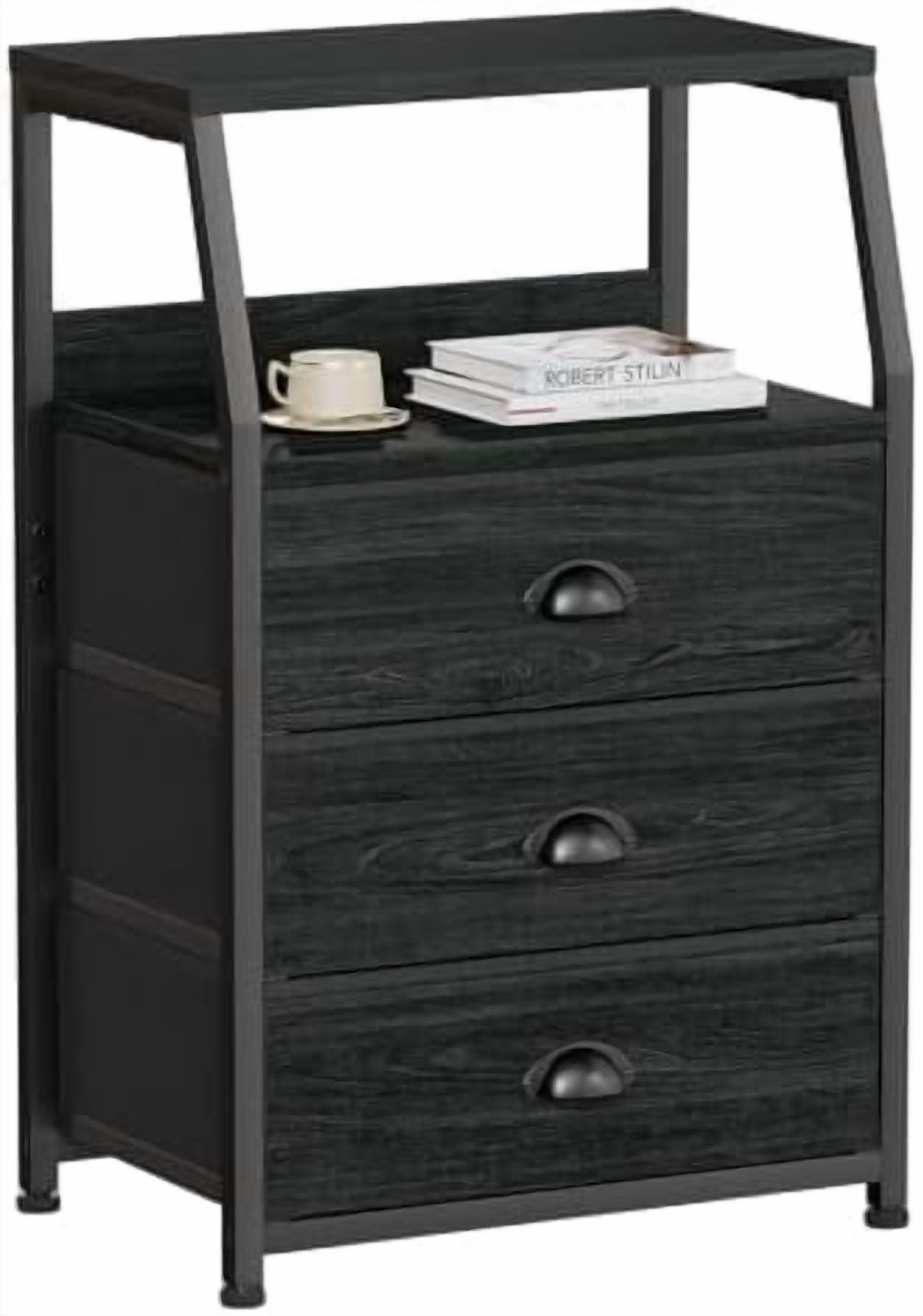 Black Night Stand, Small Dresser for Bedroom, Nightstand with 3 Fabric ...