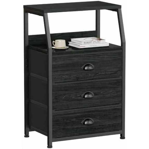 Black Night Stand, Small Dresser for Bedroom, Nightstand with 3 Fabric ...