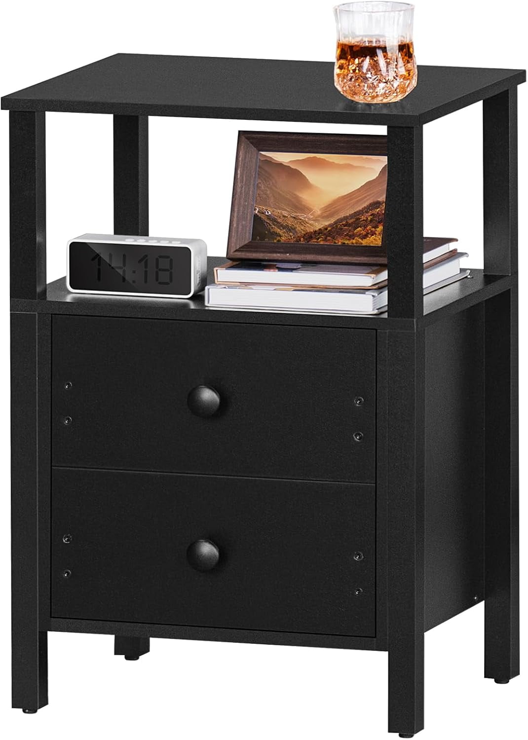 Black Night Stand, Small Nightstand with 2 Wood Drawers and Storage ...