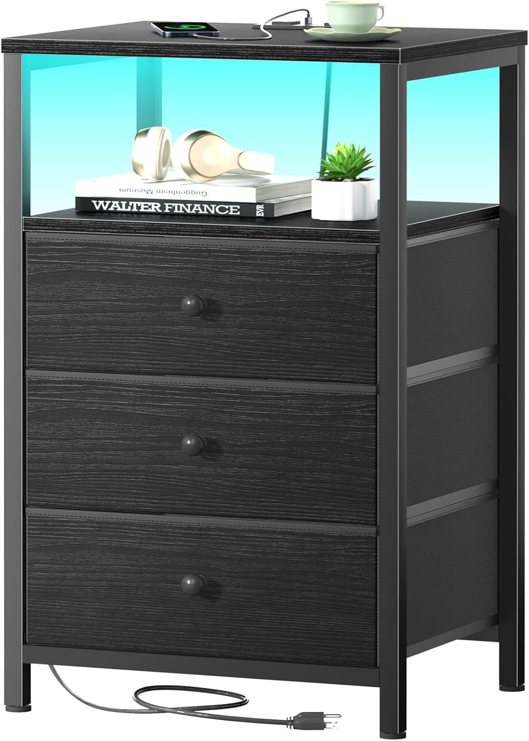 Black Night Stand with 3 Fabric Drawers, Nightstand with Charging ...