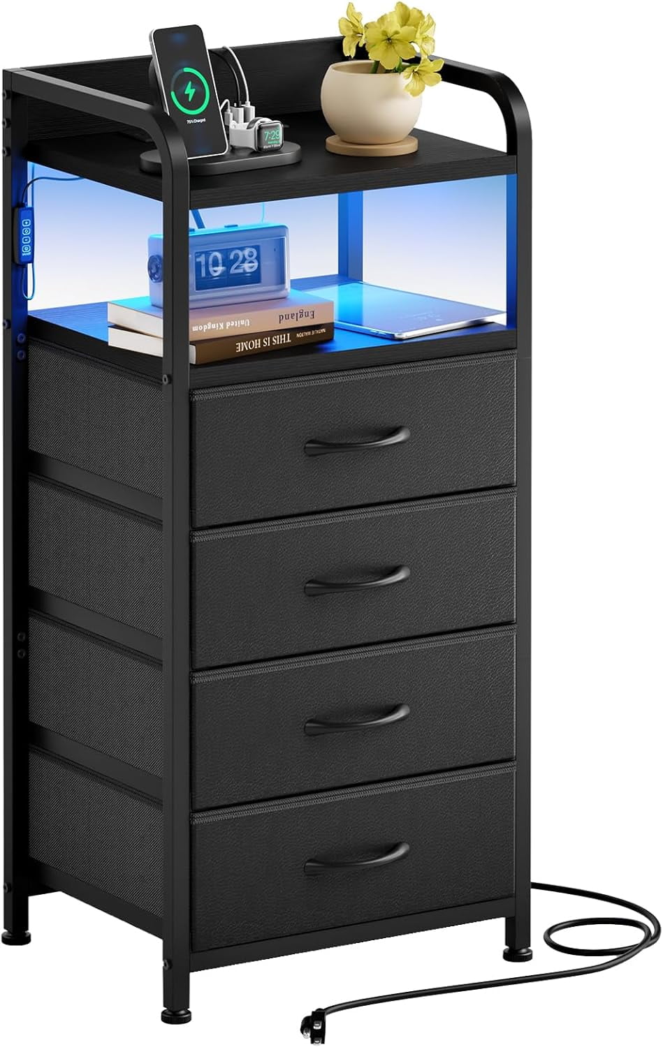 Black Night Stand with Charging Station, Tall LED Nightstand with 4 ...