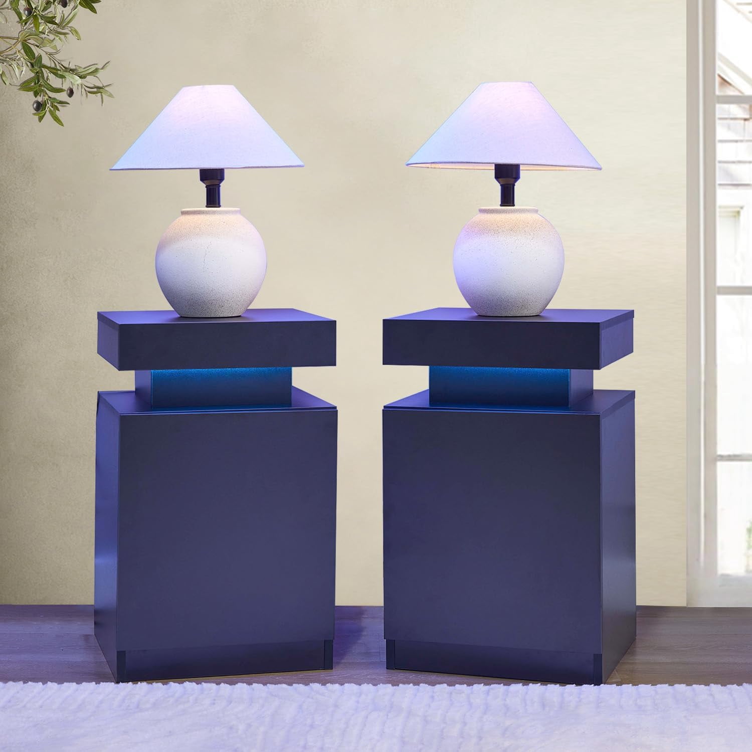 Black Night Stands with Set of 2, LED Bedside Table for Bedroom, Modern ...