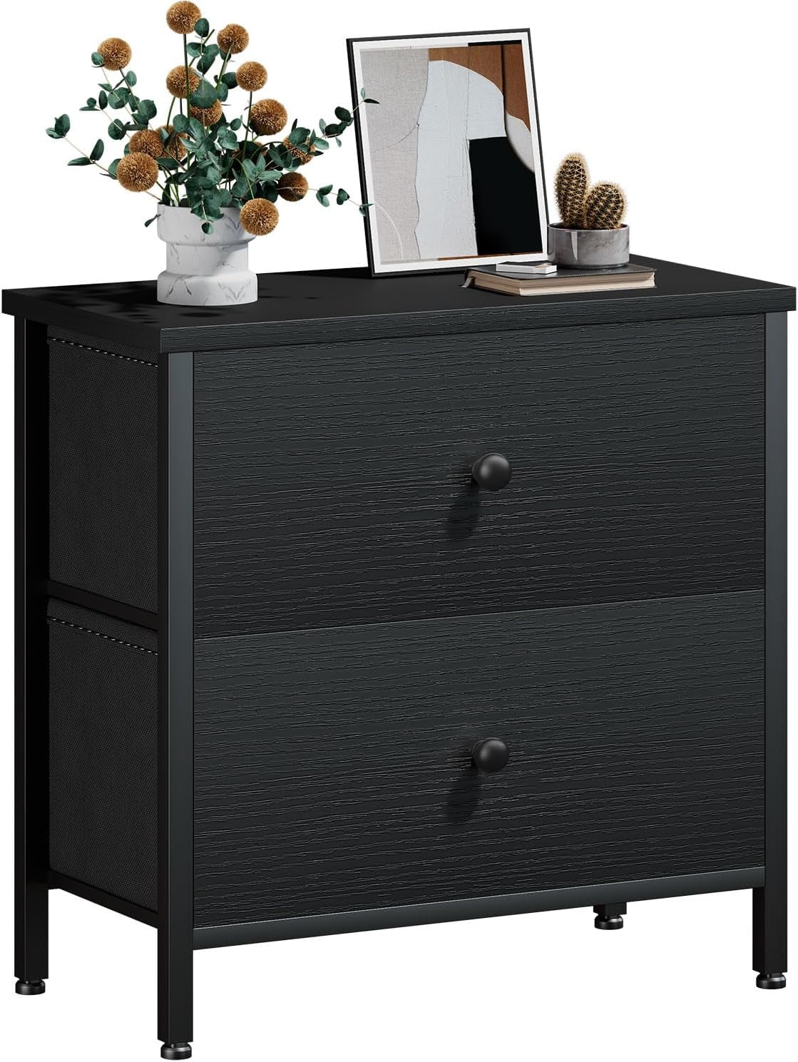 Black Nightstand 2 Drawer Dresser for Bedroom, Large Night Stand ...