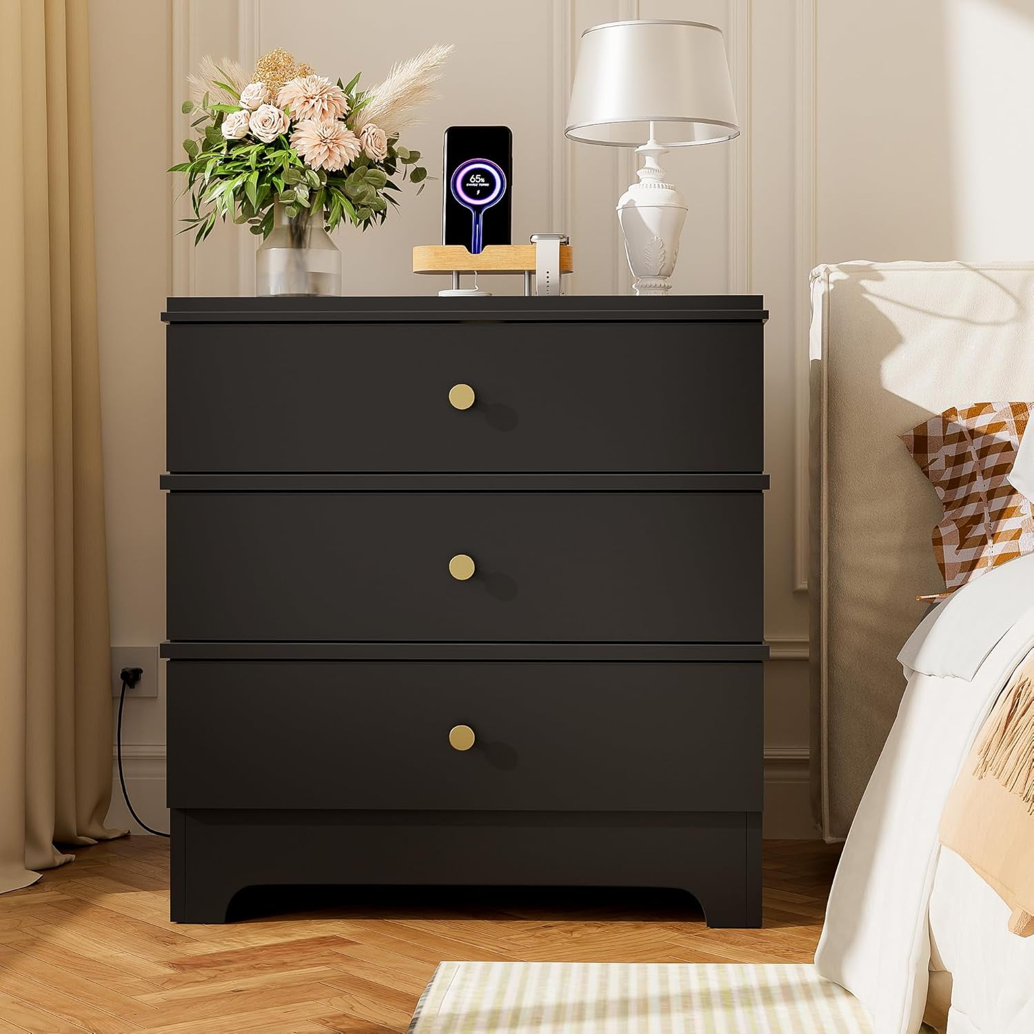 Black Nightstand with 3 Drawers, Modern Night Stand with Charging ...