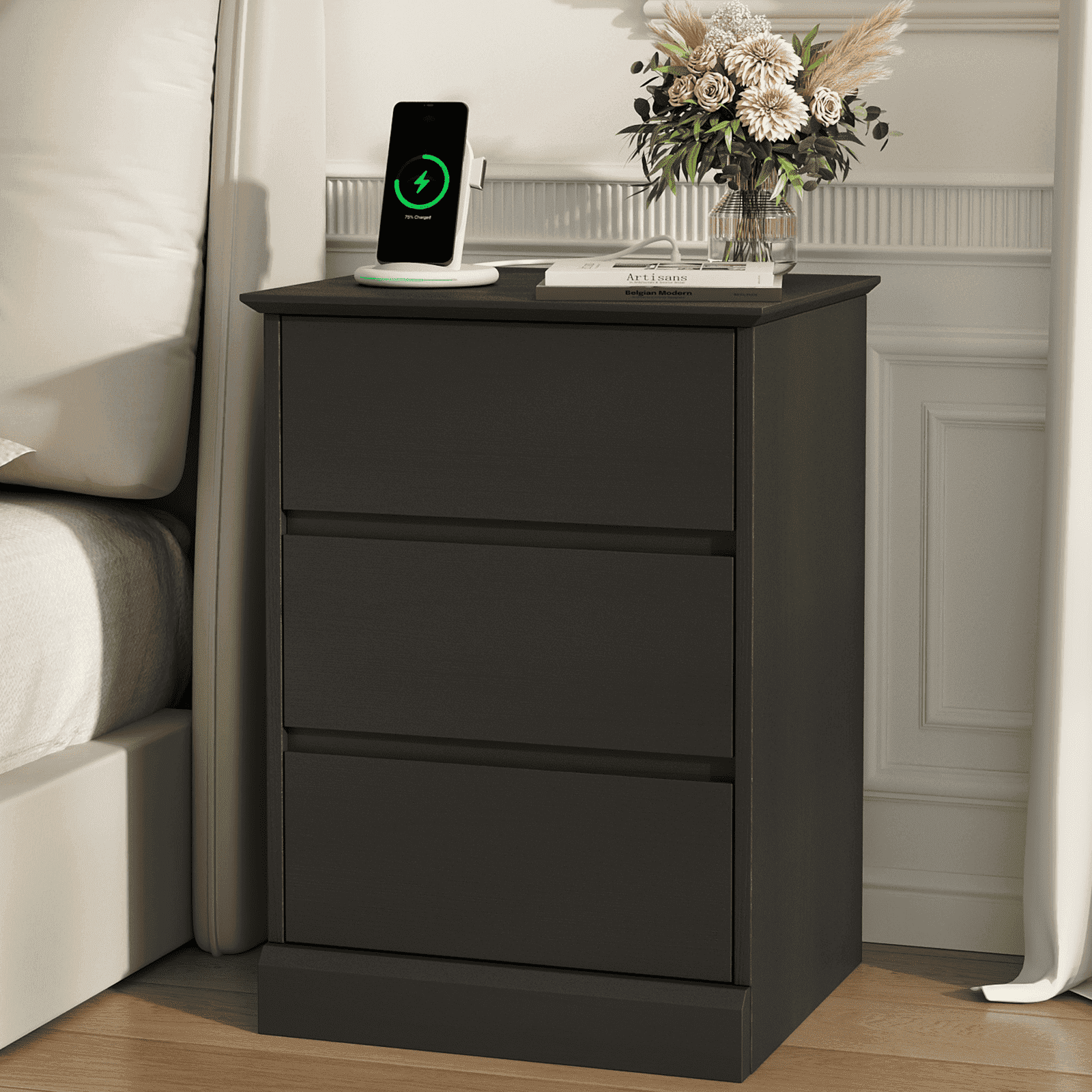 Black Nightstand,3 Drawers Nightstand with Charging Station, Bedside ...