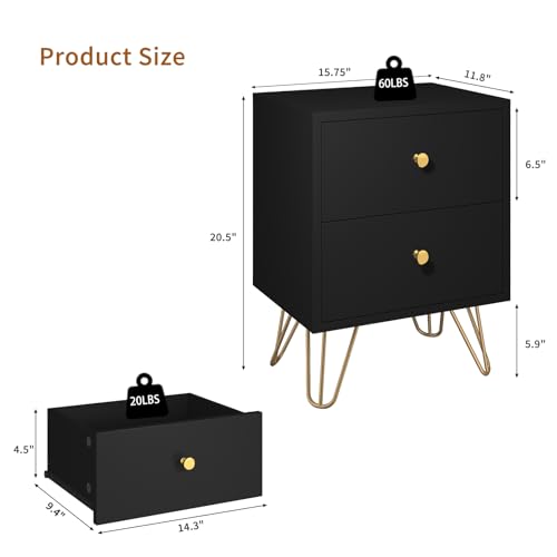 Black Nightstand, Black and Gold Nightstand Set of 2, Night Stand with ...