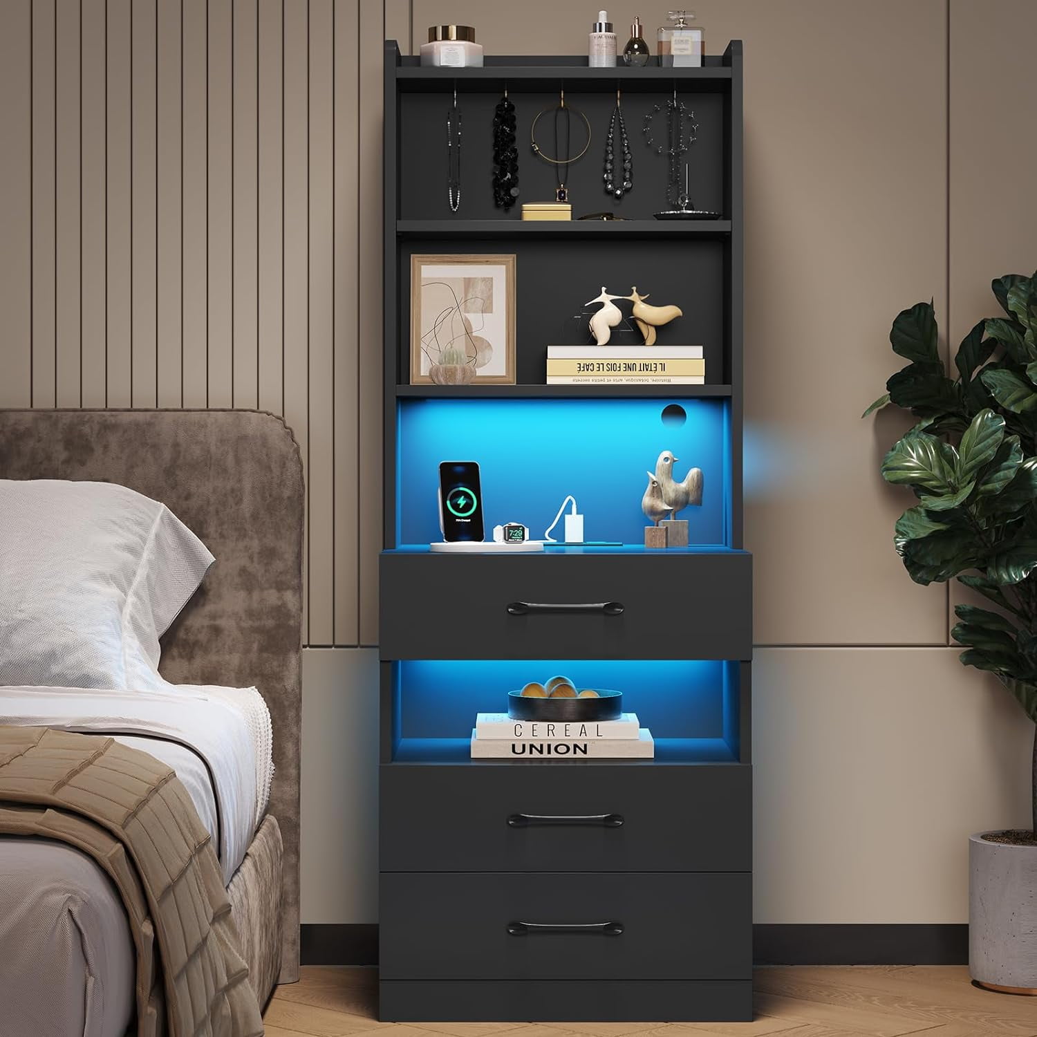 Black Nightstand with Bookshelf, Modern Bedside Table with 3 Drawers ...
