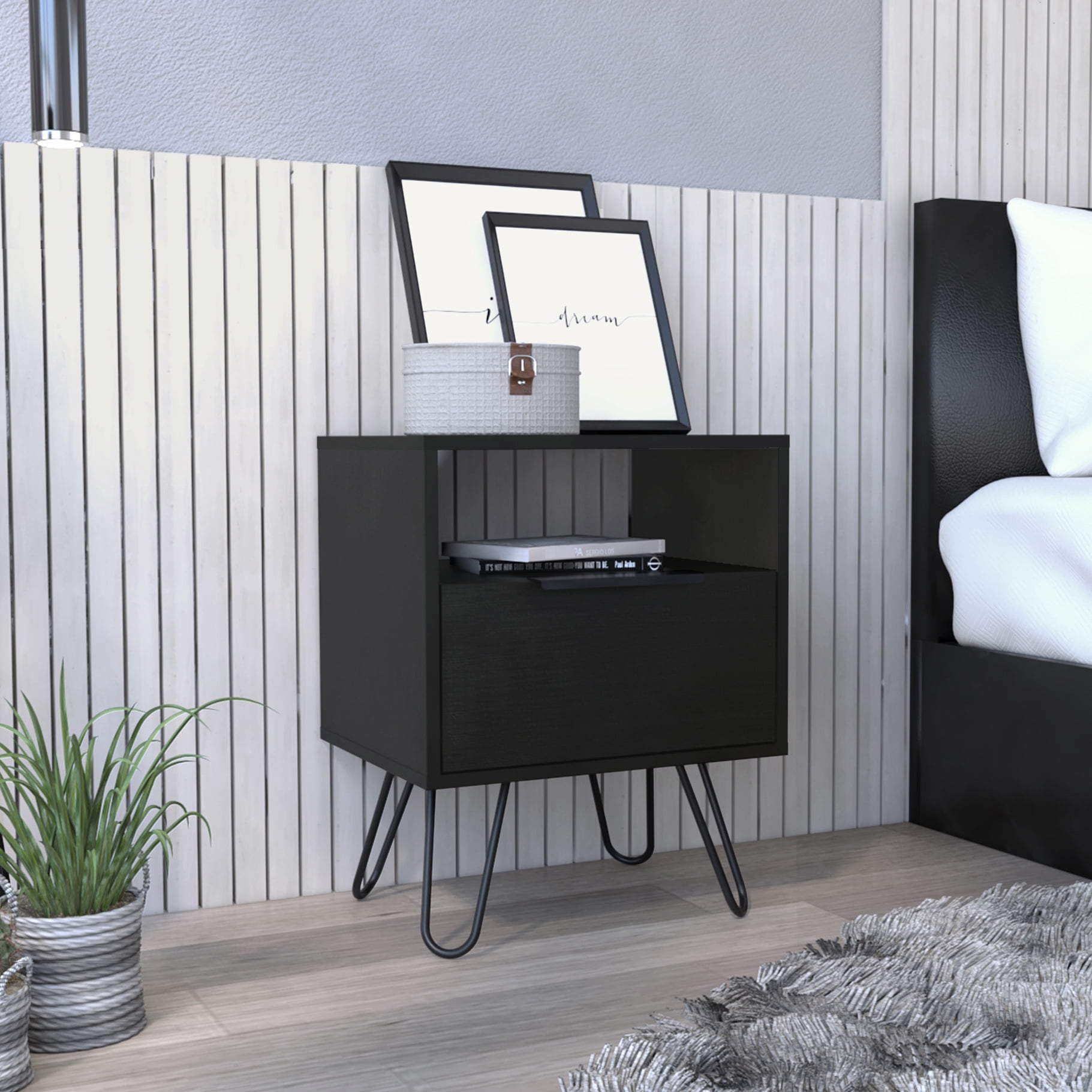 Black Nightstand With Cabinet. Straightforward To Assemble ...
