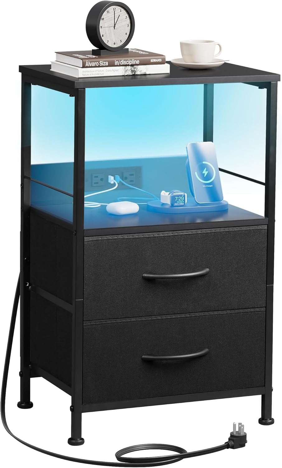 Black Nightstand with Charger Station, LED Bedside Table Featuring 2 ...