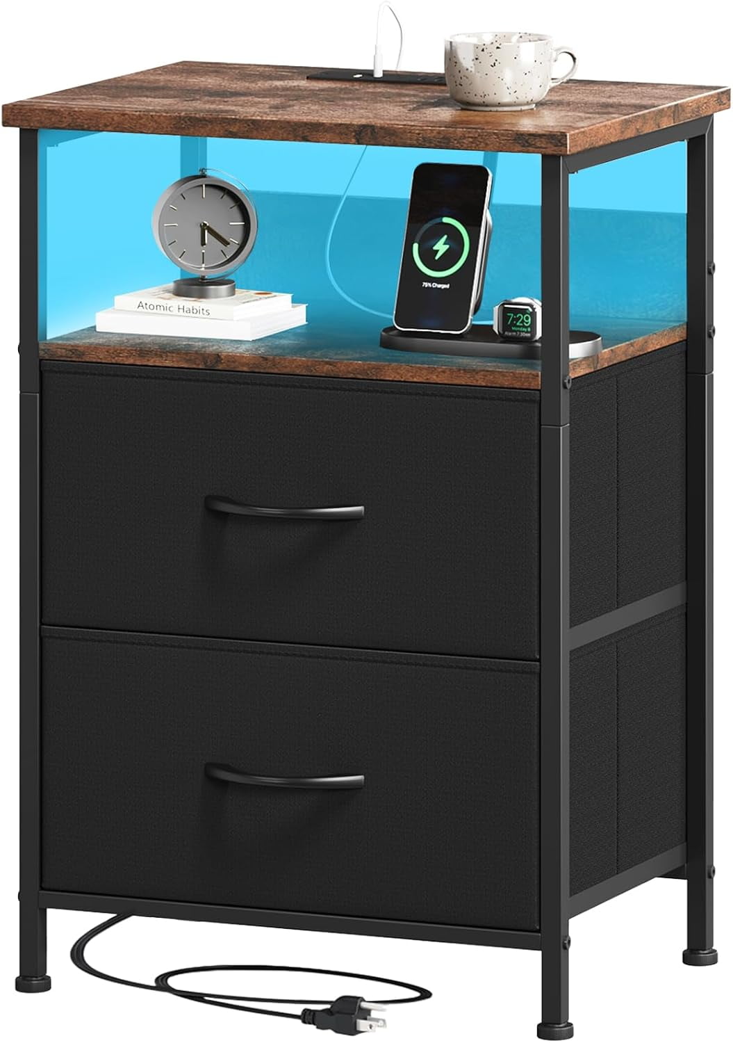 Black Nightstand with Charging Station and LED Light for Bedroom, 2 ...