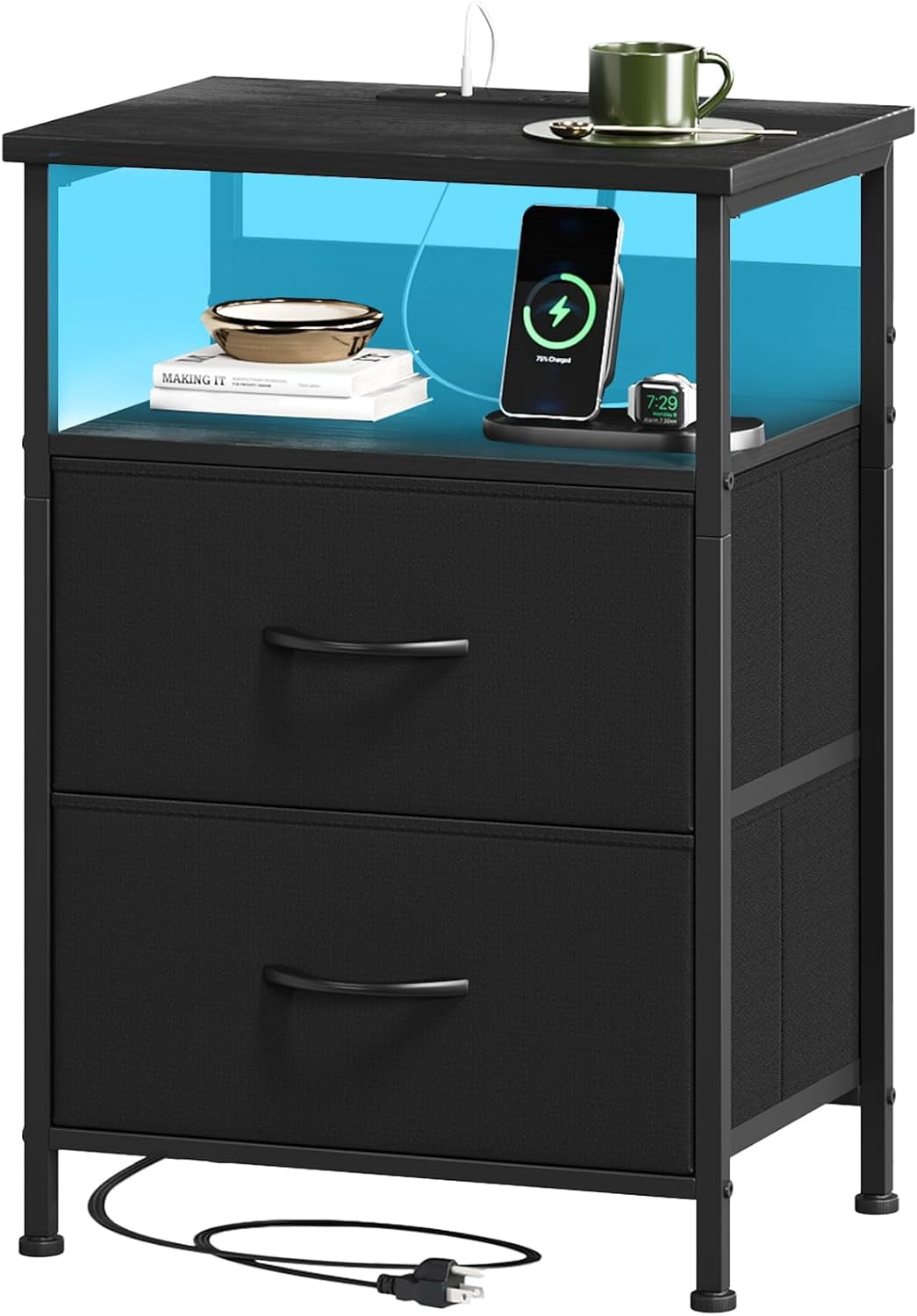 Black Nightstand with Charging Station and LED Light for Bedroom, 2 ...