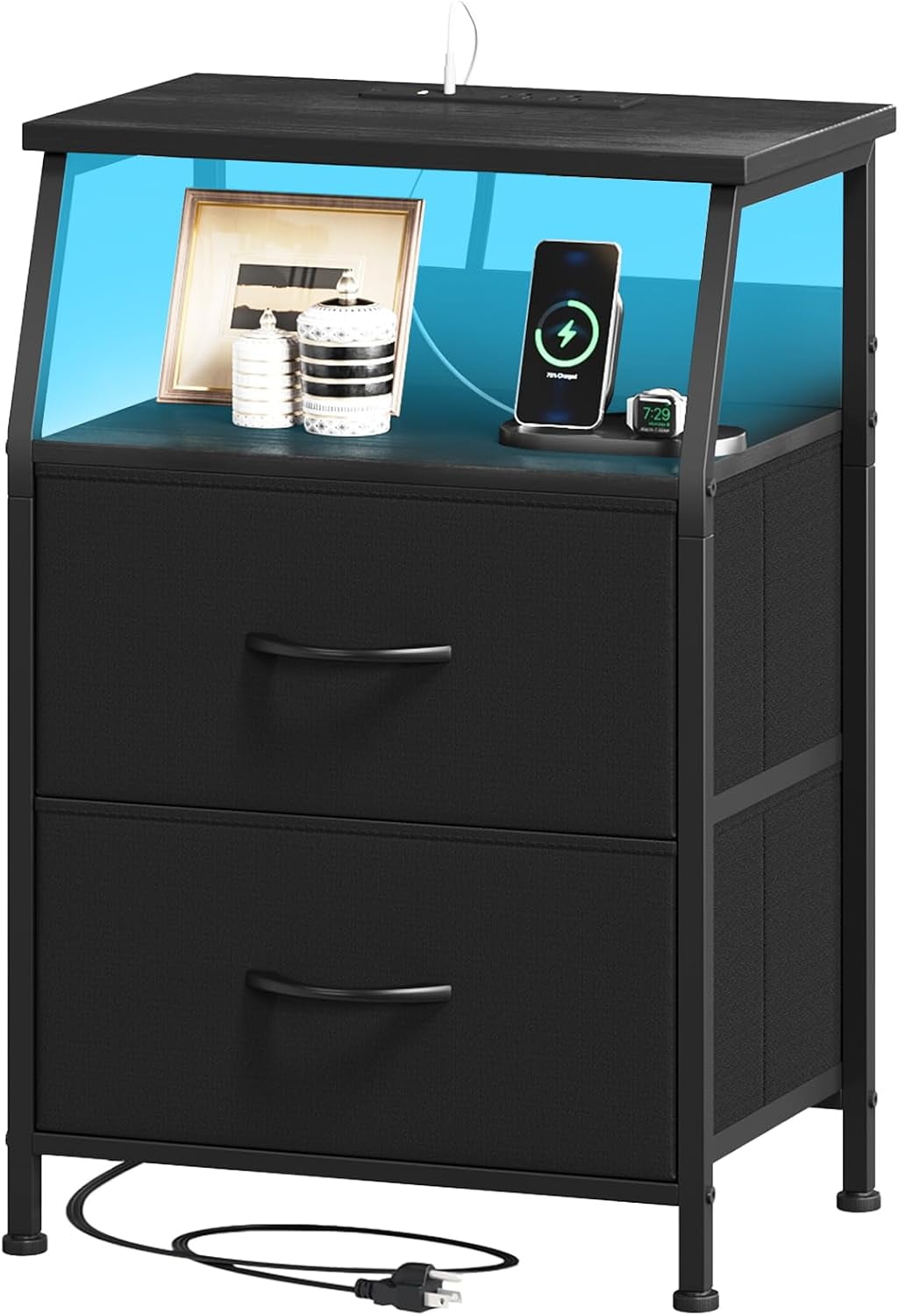 Black Nightstand with Charging Station and LED Light for Bedroom, 2 ...