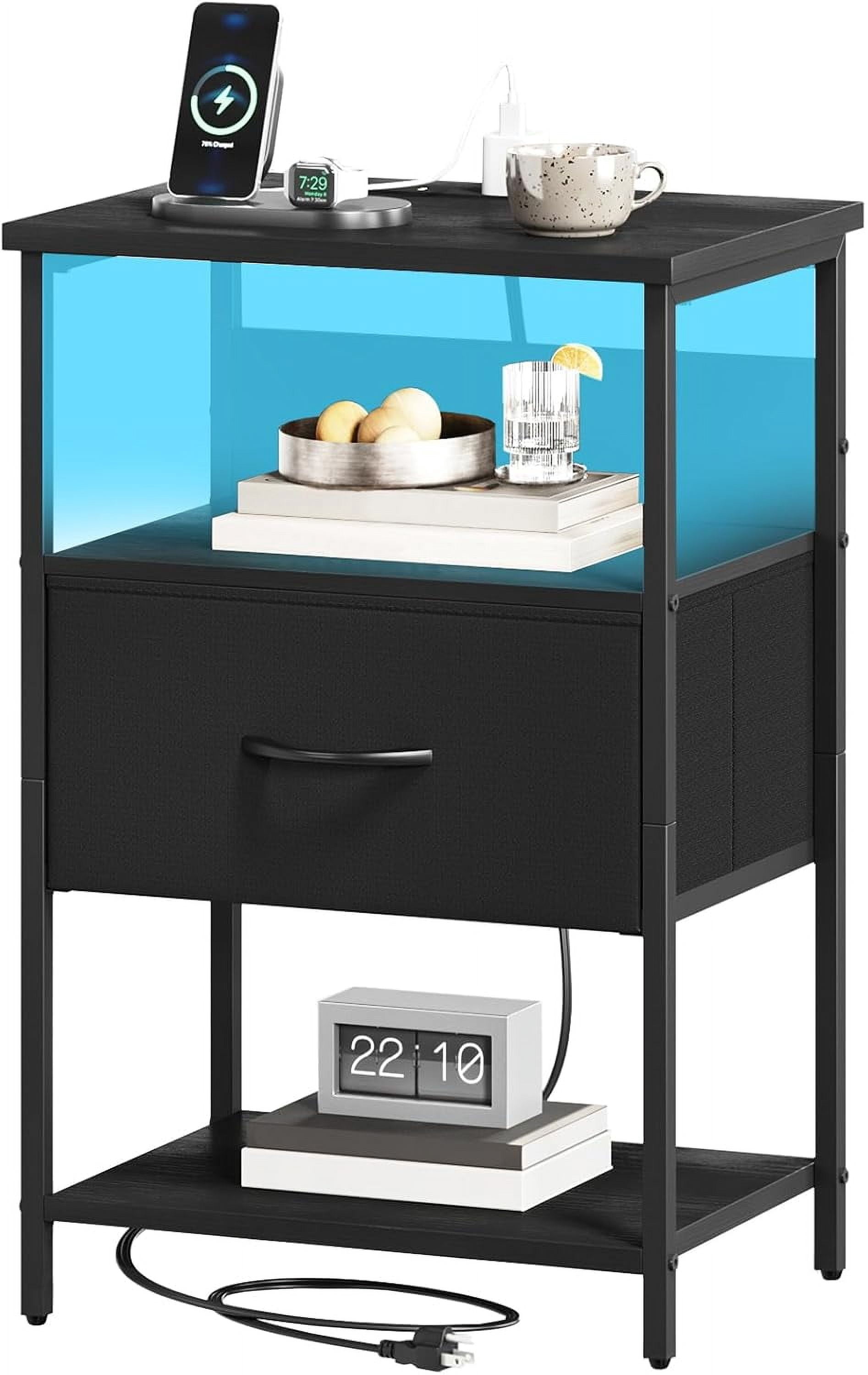 Black Nightstand with Charging Station and LED Light for Bedroom ...