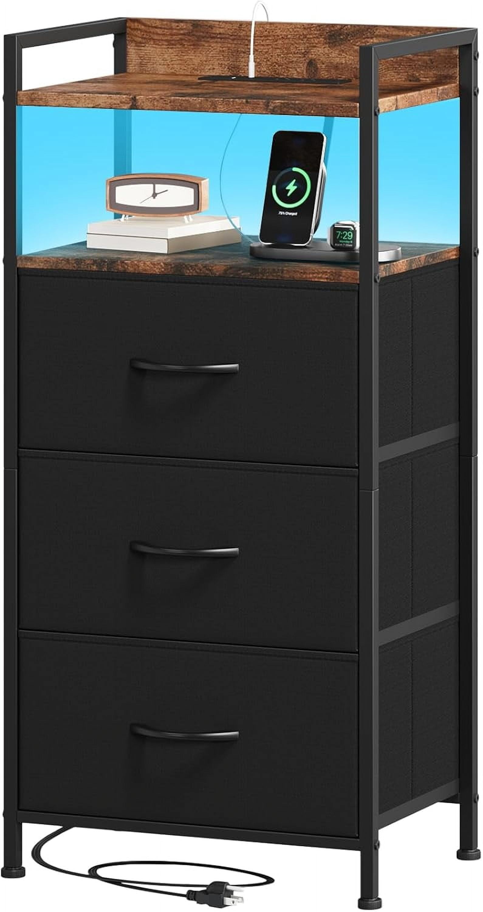 Black Nightstand with Charging Station and LED Light for Bedroom, Tall ...