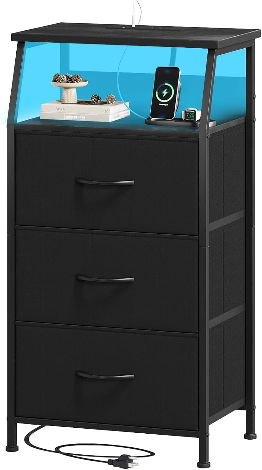 Black Nightstand with Charging Station and LED Light for Bedroom, Tall ...