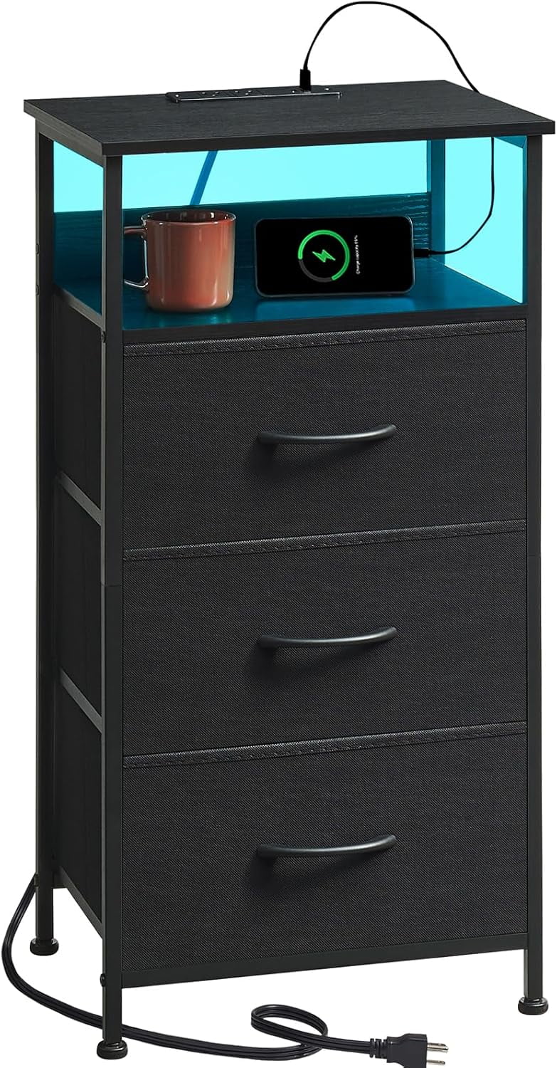 Black Nightstand with Charging Station and LED Light for Bedroom, Tall ...
