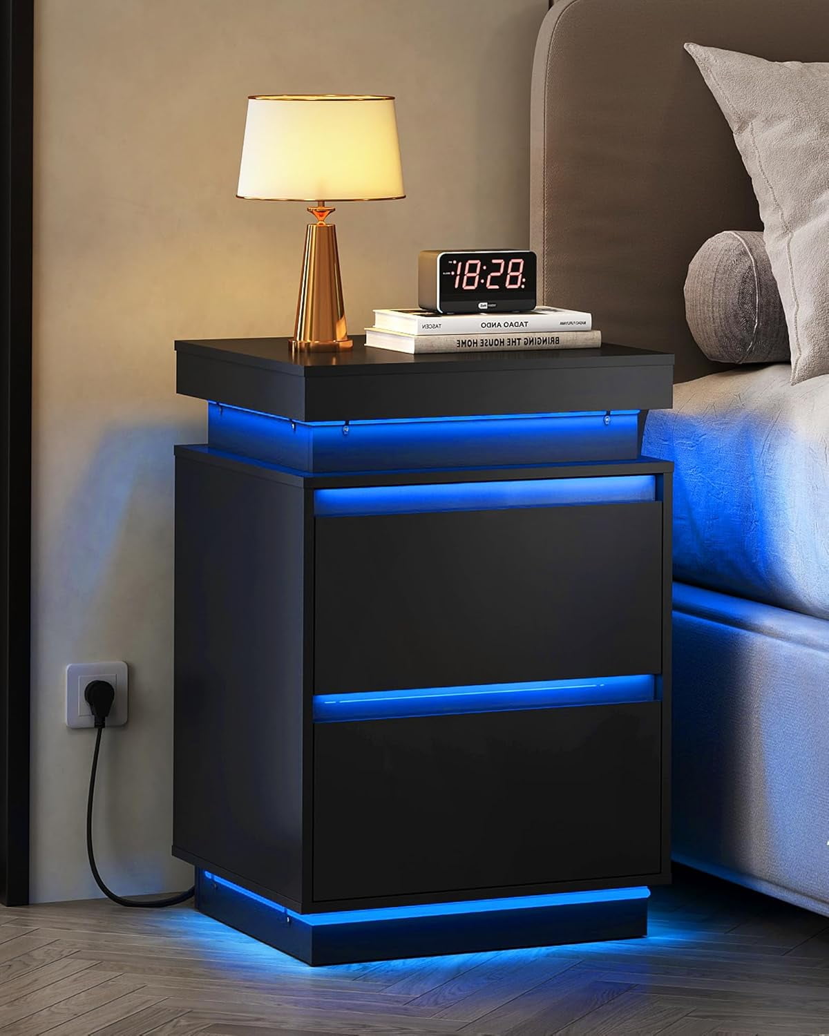 Black Nightstand with Charging Station and LED Lights, Bedside Table ...