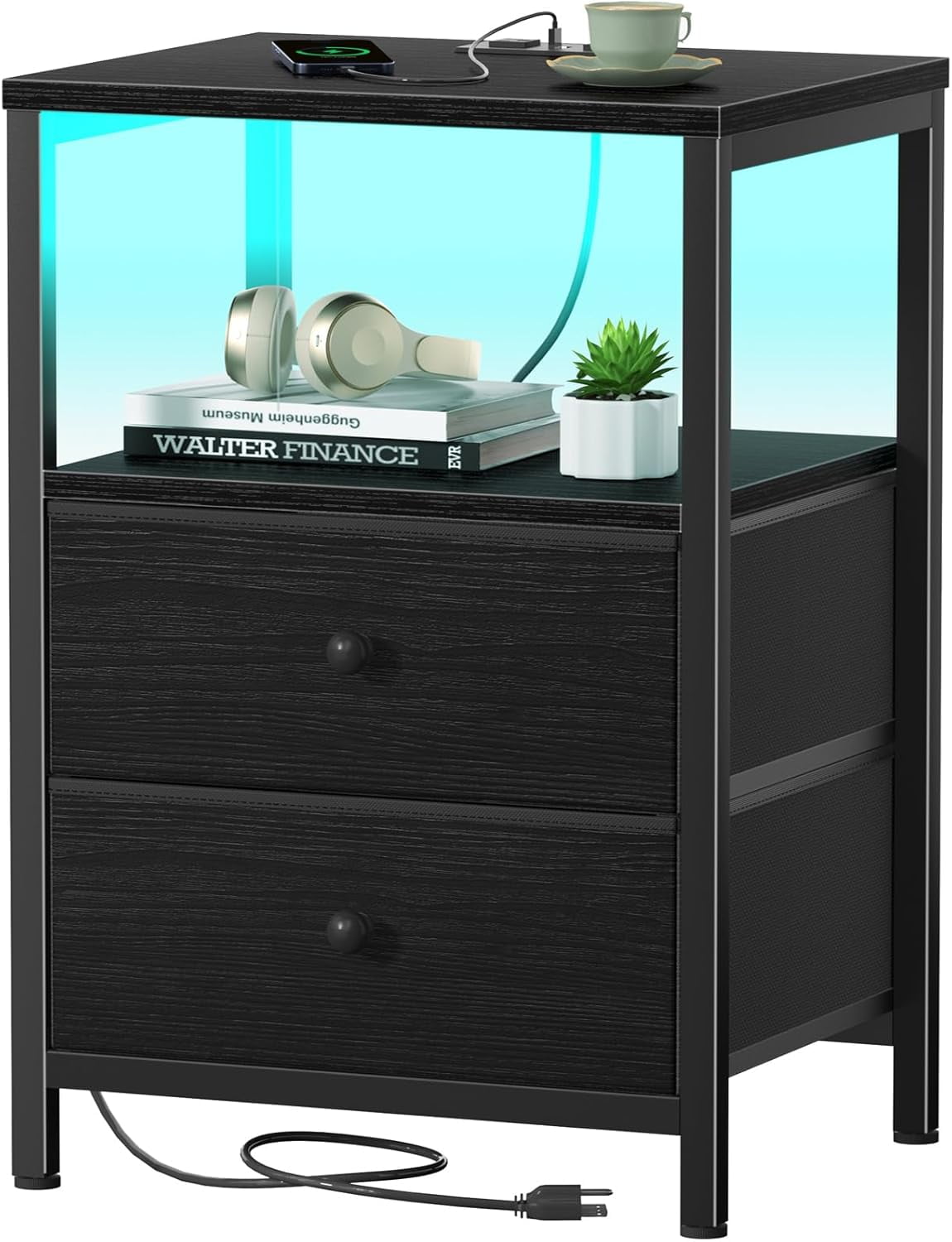 Black Nightstand with Charging Station, LED Night Stand with 2 Fabric ...