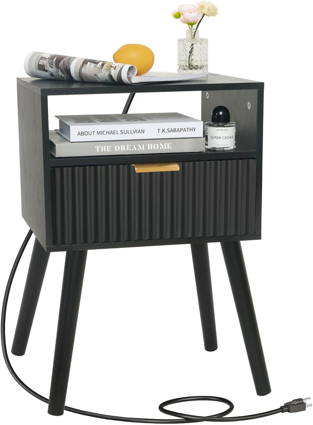 Mid Cetury Modern Nightstand with Charging Station, Fluted Bedside ...