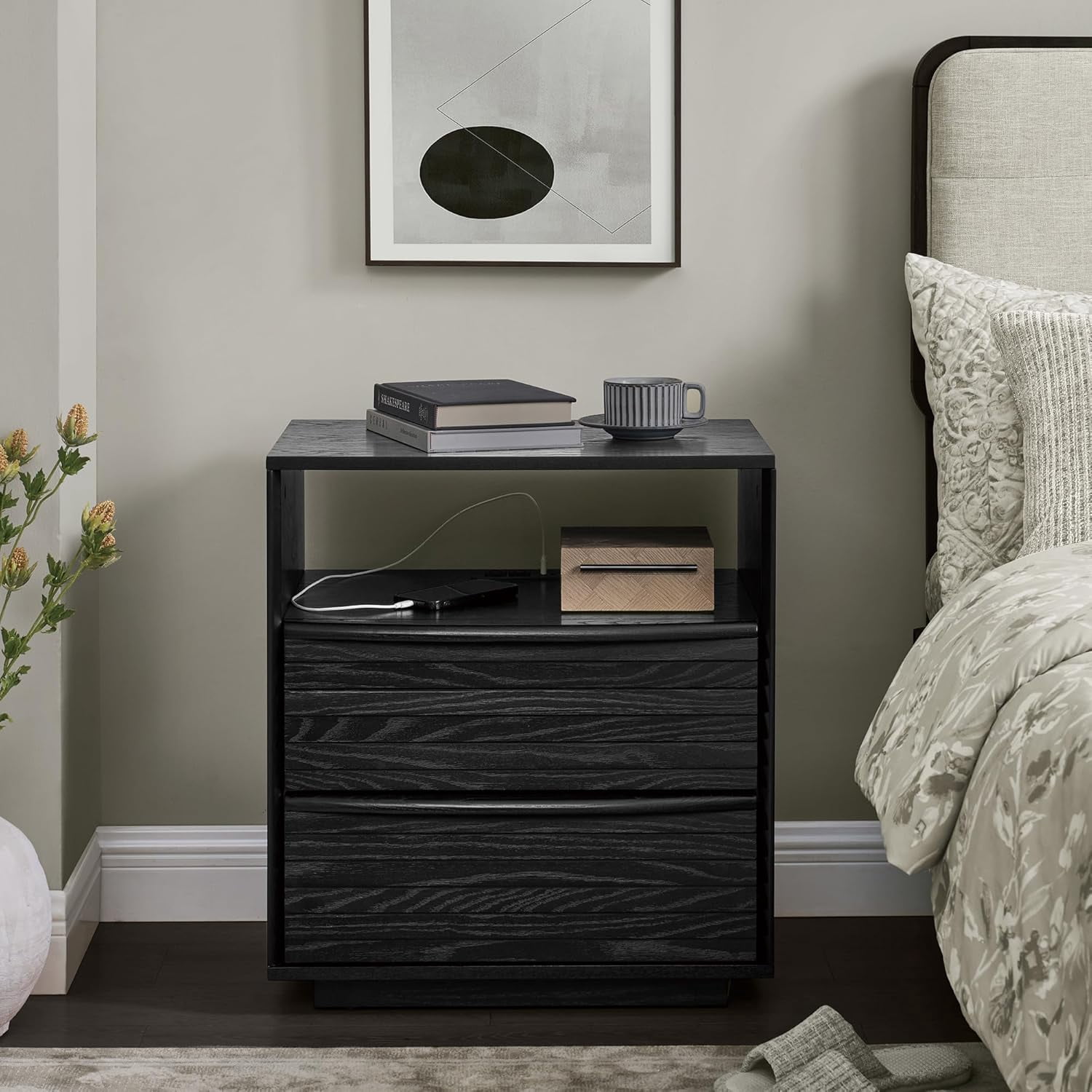 Black Nightstand with Charging Station & Outlet Hole,Mid Century Modern ...