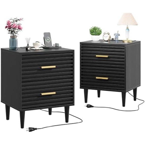 Black Nightstand with Charging Station Set of 2, 19" Flute Night Stand ...