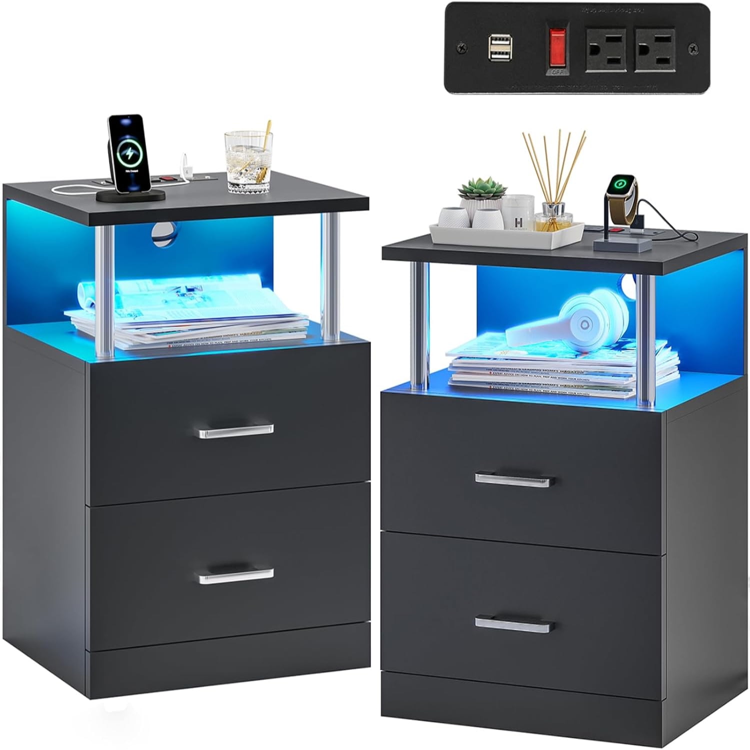 Black Nightstand with Charging Station and USB Ports LED Night Stand ...
