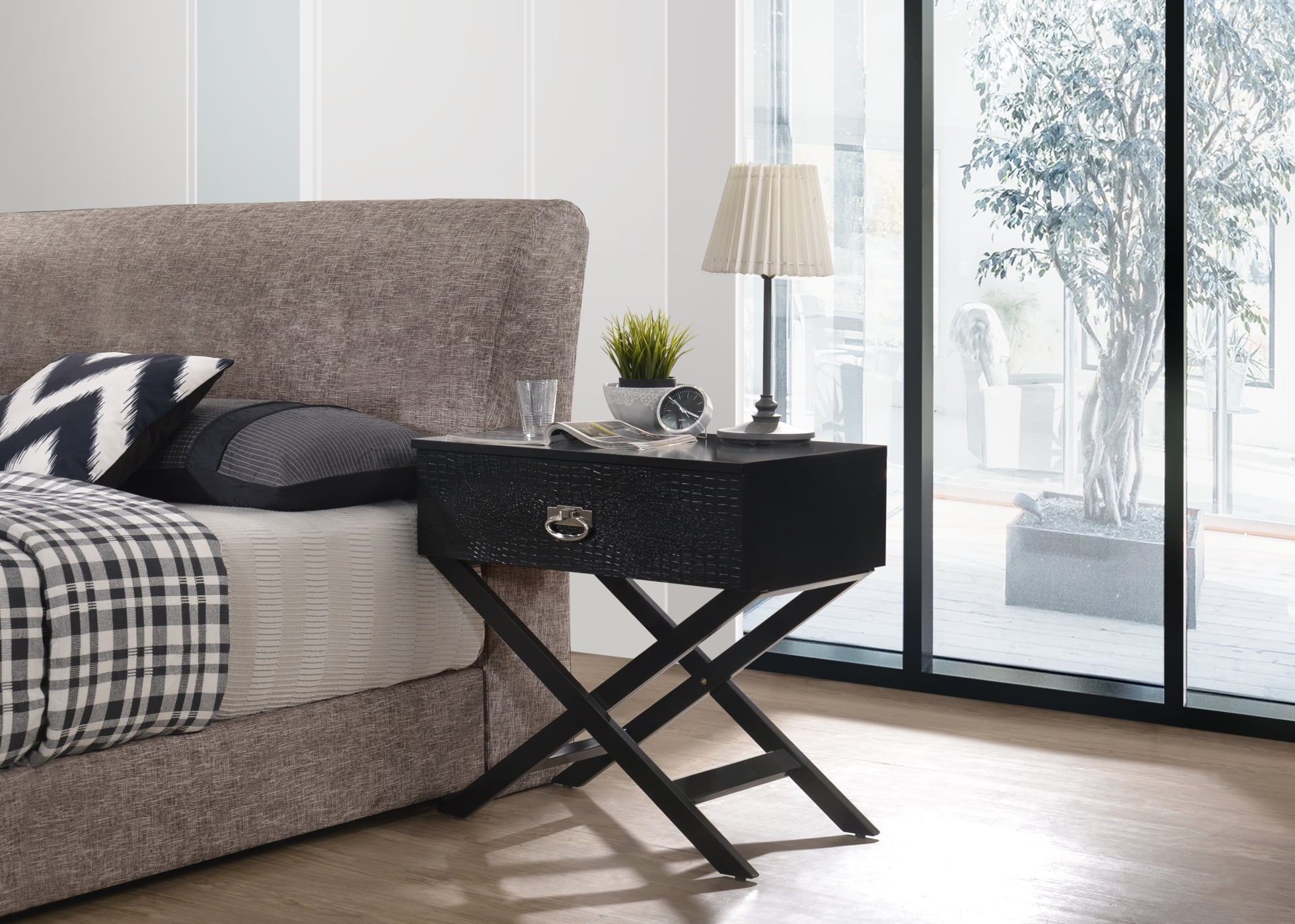 Black Nightstand with Drawer, Unique X-Frame Bedside Table with Croc ...