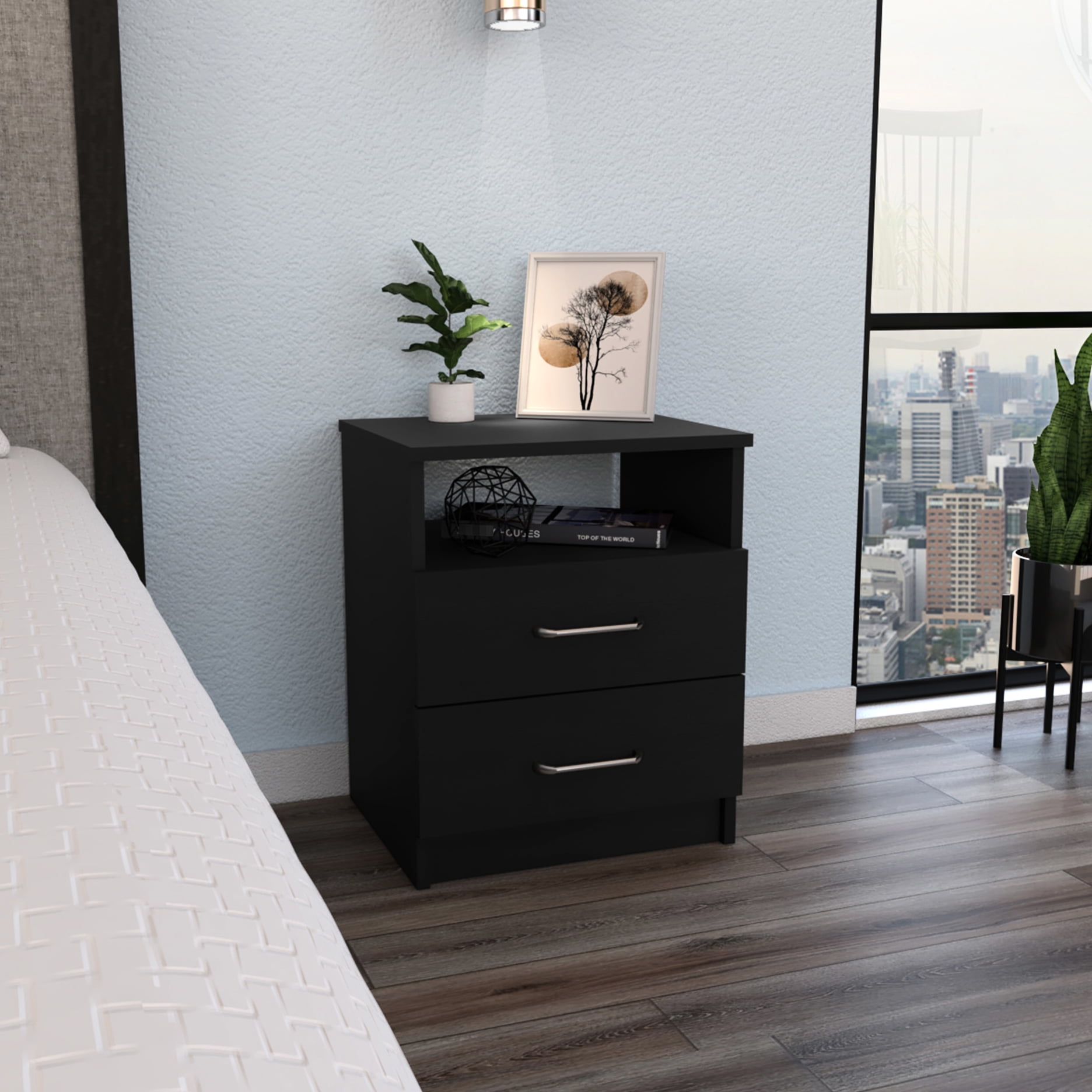 Black Nightstand: Functional Design With 2 Drawers & 1 Shelf End Table ...