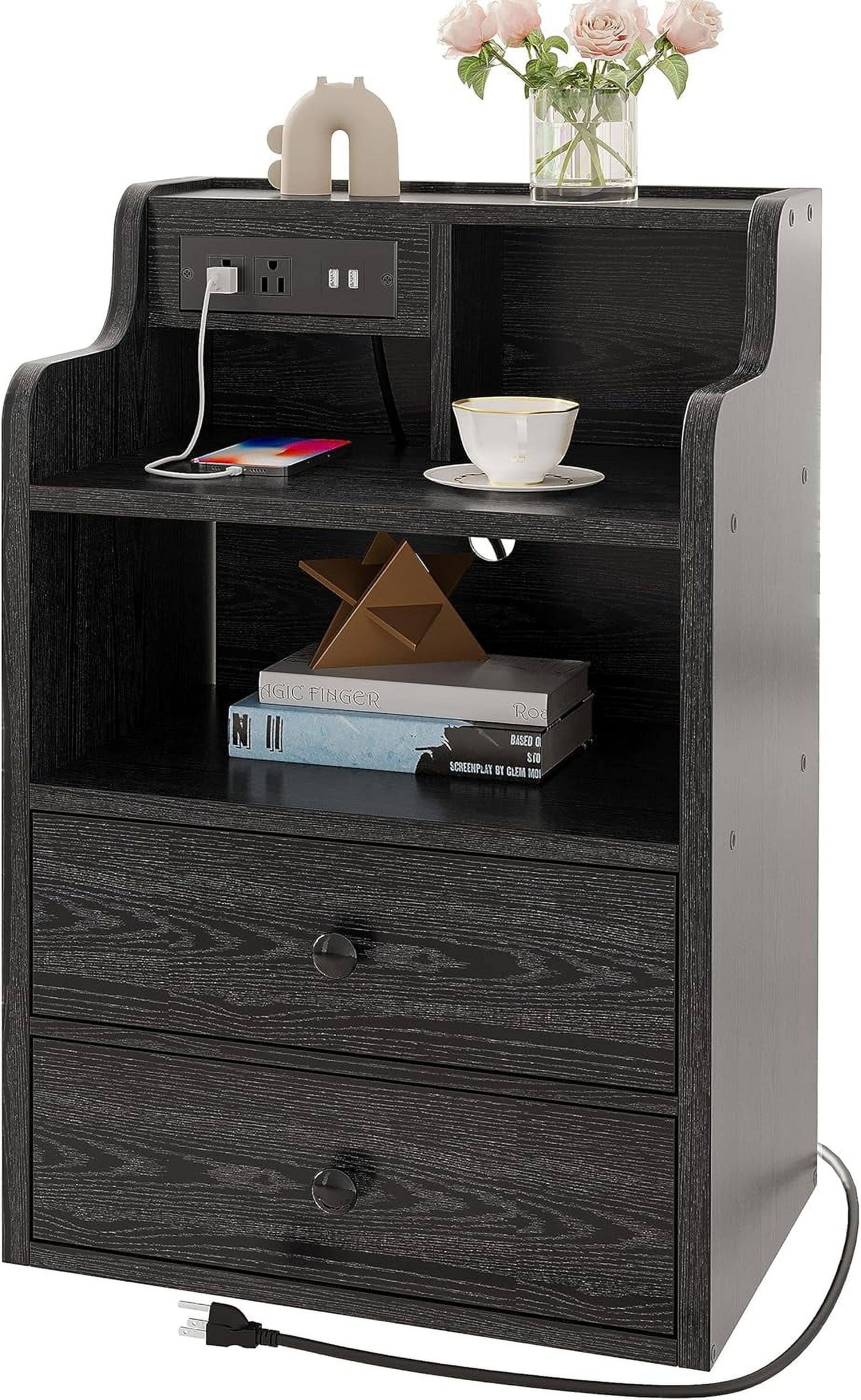 Black Nightstand with LED Charging Station 2 Drawers and Storage ...