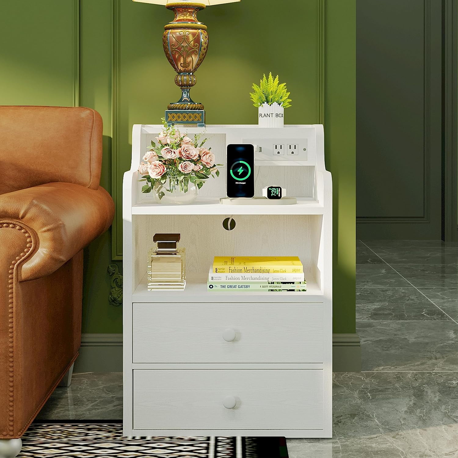 Black Nightstand with LED Charging Station 2 Drawers and Storage ...