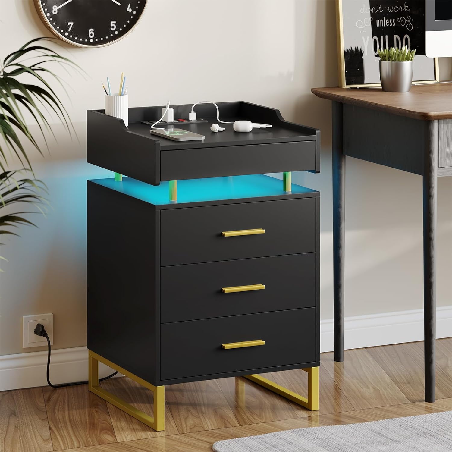 Black Nightstand with LED Lights,Modern Night Stand with Charging ...