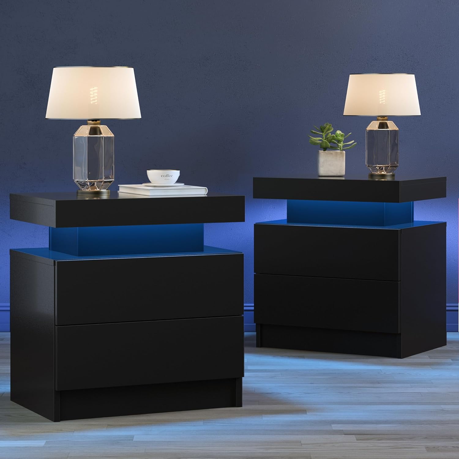 Black Nightstand LED Set of 2 Black Bedside Table LED Night Stand with ...