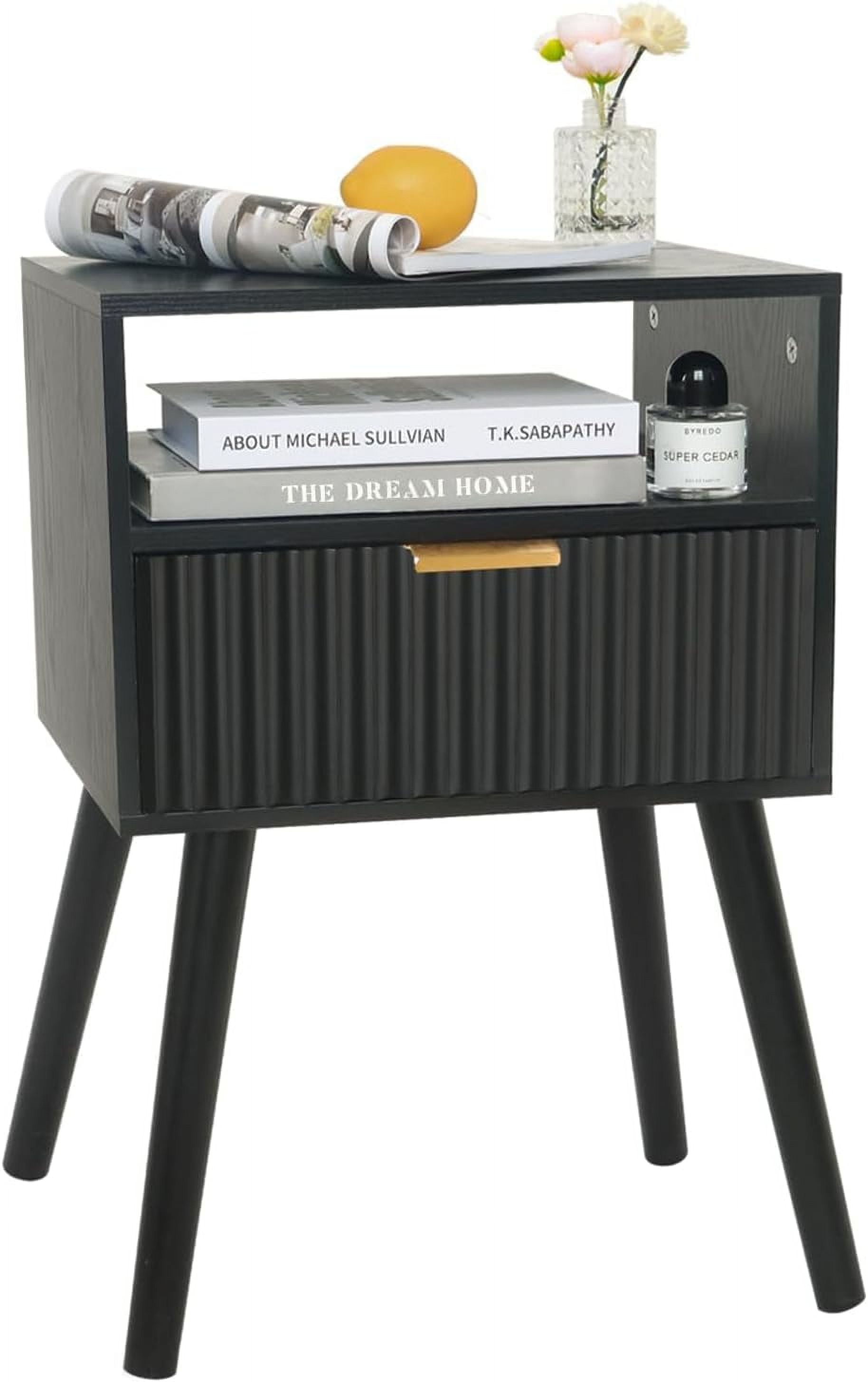 Black Nightstand, Modern Bedside Table with Fluted Drawers, Small Night ...