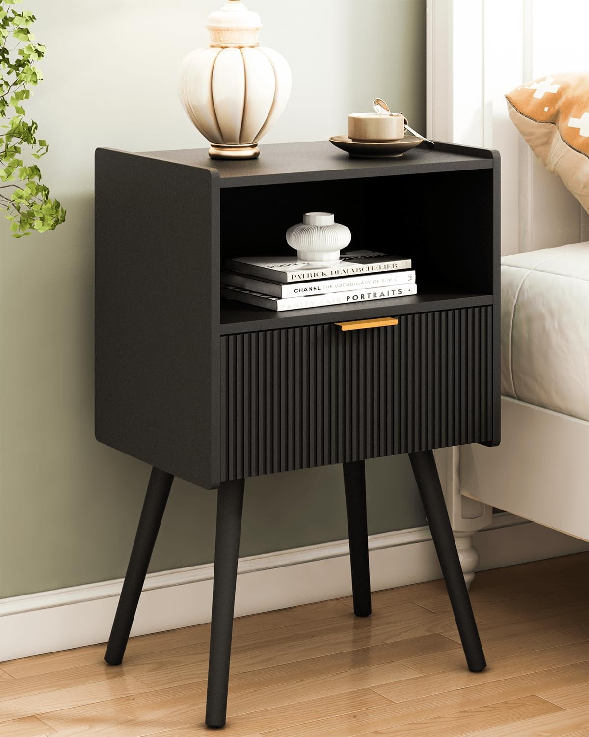 Black Nightstand,Modern Bedside Table with Storage Drawer and Open Wood ...