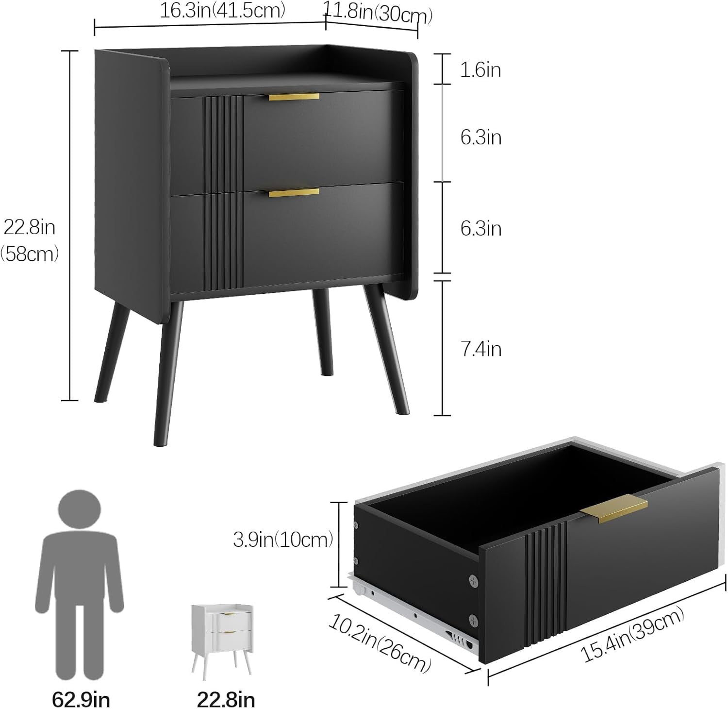 Black Nightstand Modern Bedside Table with 2 Storage Drawer, Small ...