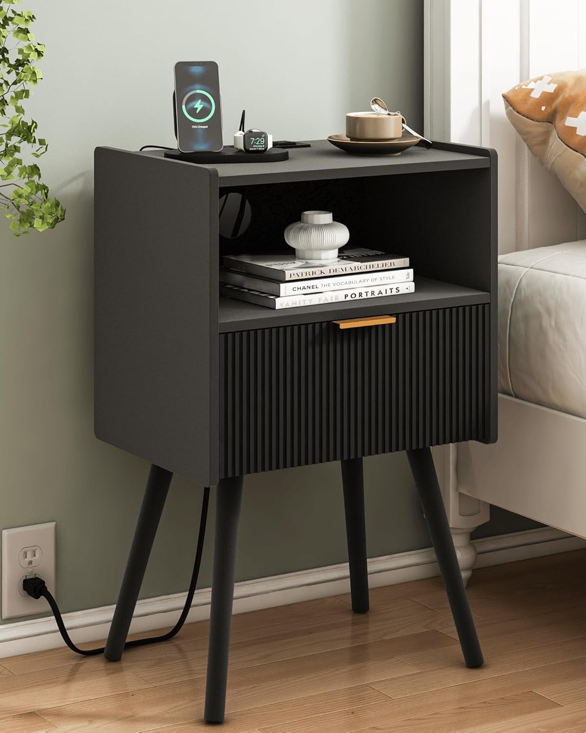 Black Nightstand with Outlet,Modern Bedside Table with Storage Drawer ...