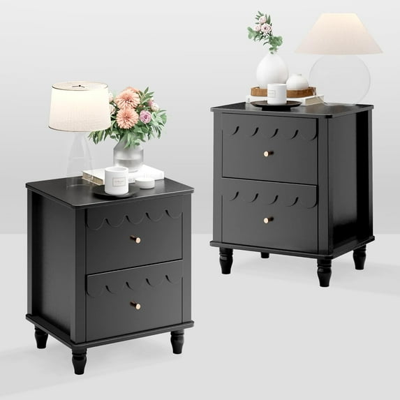 Black Nightstand Set of 2 with 2 Drawers, Modern Night Stand Set 2 with ...
