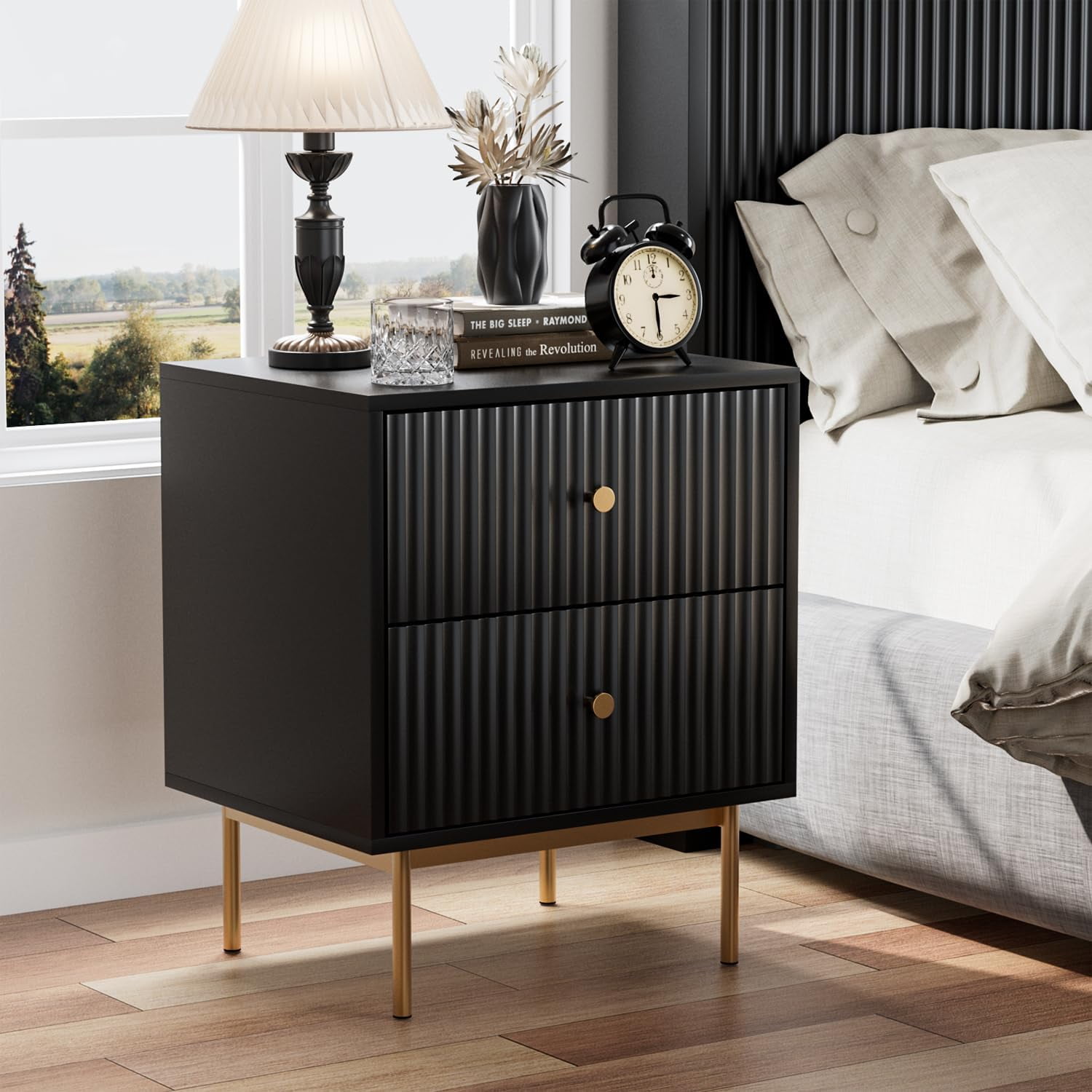 Black Nightstand Set of 2 for Bedroom Fluted nightstand with 2 Drawers ...